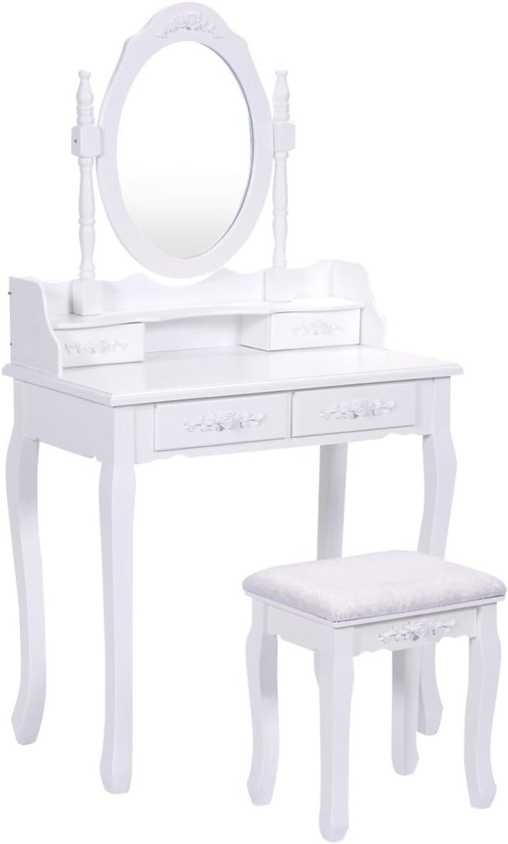 Coiffeuse - Table de Maquillage – 1 Miroir et 1 Tabouret et 2 Tiroirs ...
