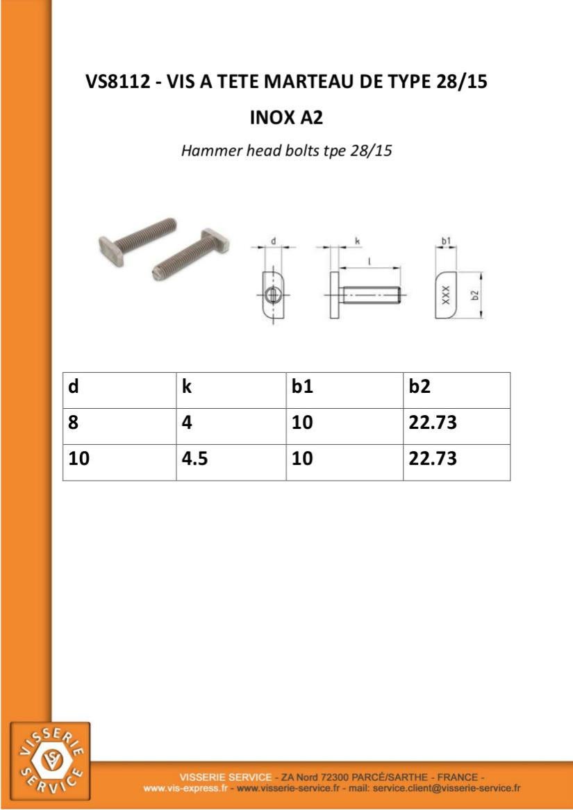 Vis métaux Tête marteau 10X4.5X22.73 M8X53 Inox A2 T28/15 - 1 pièce ...