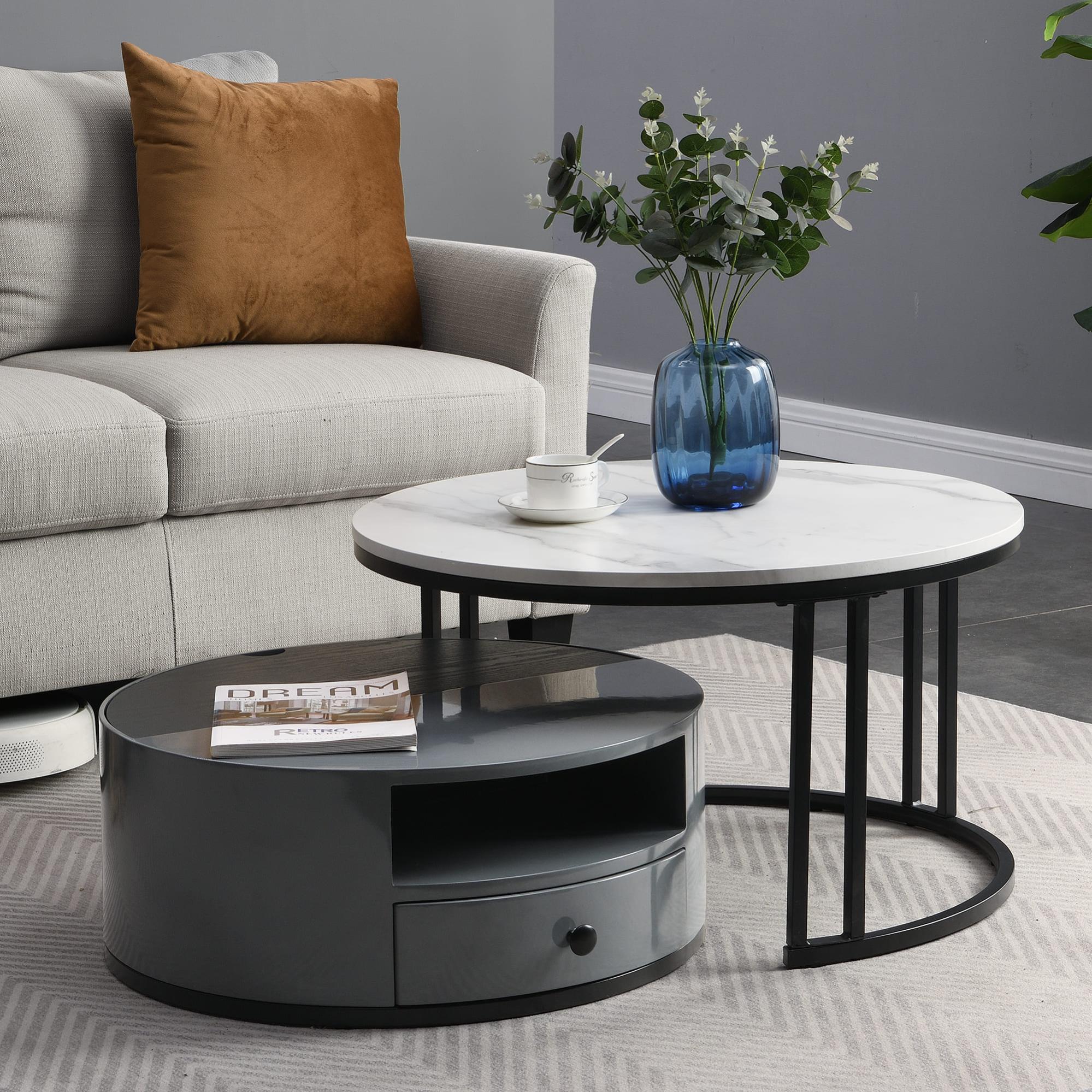 Lot de 2 tables gigognes - aspect marbre en PVC - 1 tiroir et 1 niche ...