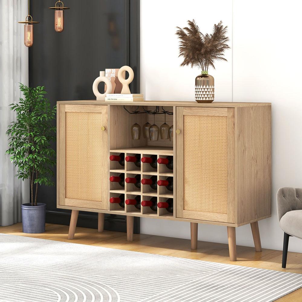 Buffet Étagère en simili-bois de 120 cm de long 2 portes en rotin avec ...