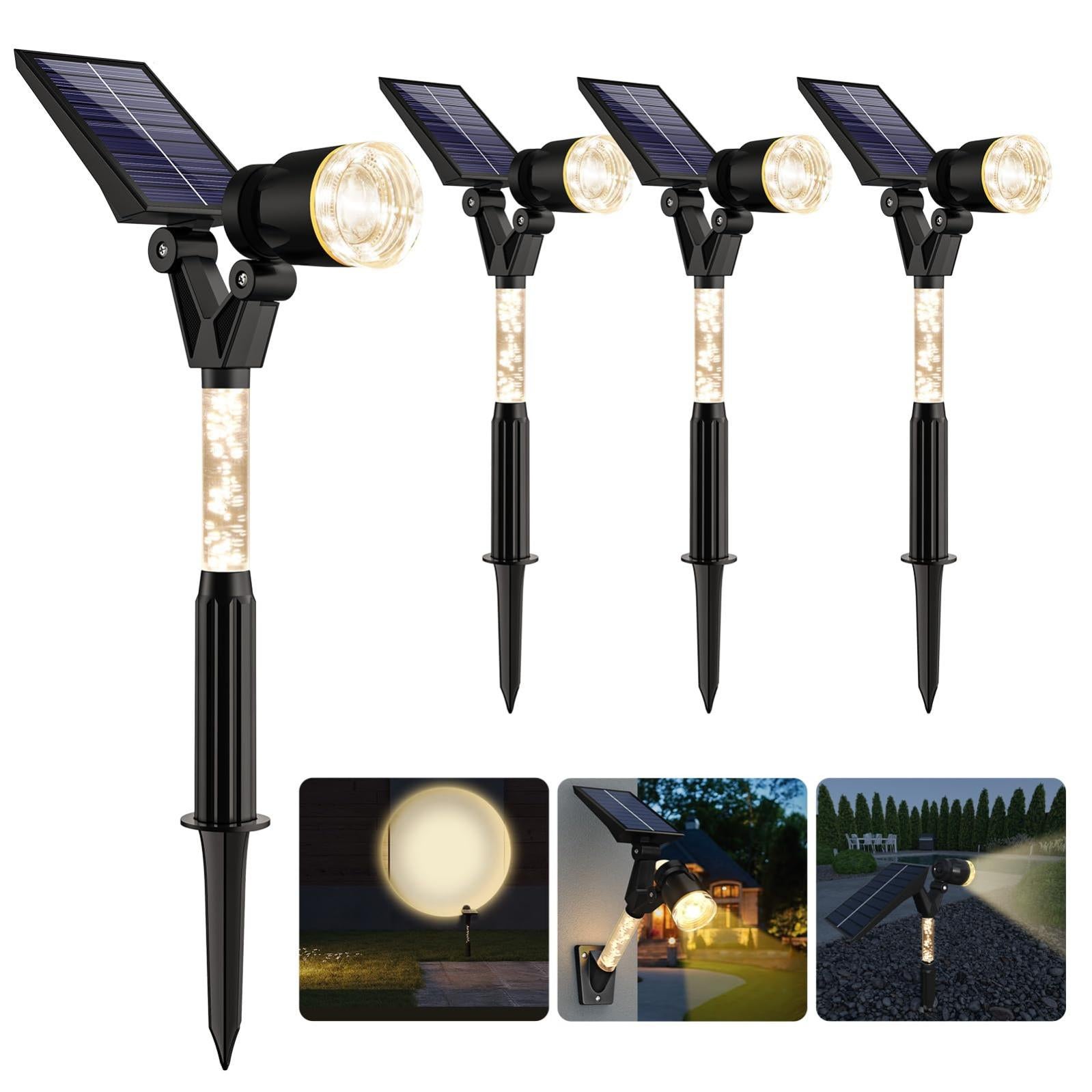 Focos solares, paquete de 4, focos de paisaje con energía solar, focos IP68, luz de pared 2 en 1 ...