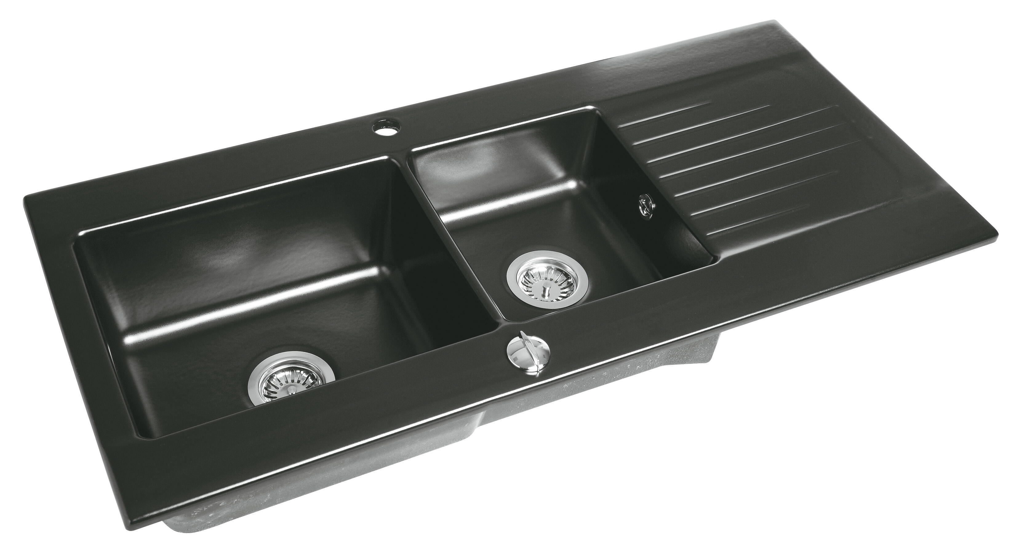 Evier à encastrer 2 bacs avec égouttoir, grès TRENDY Noir | Leroy Merlin
