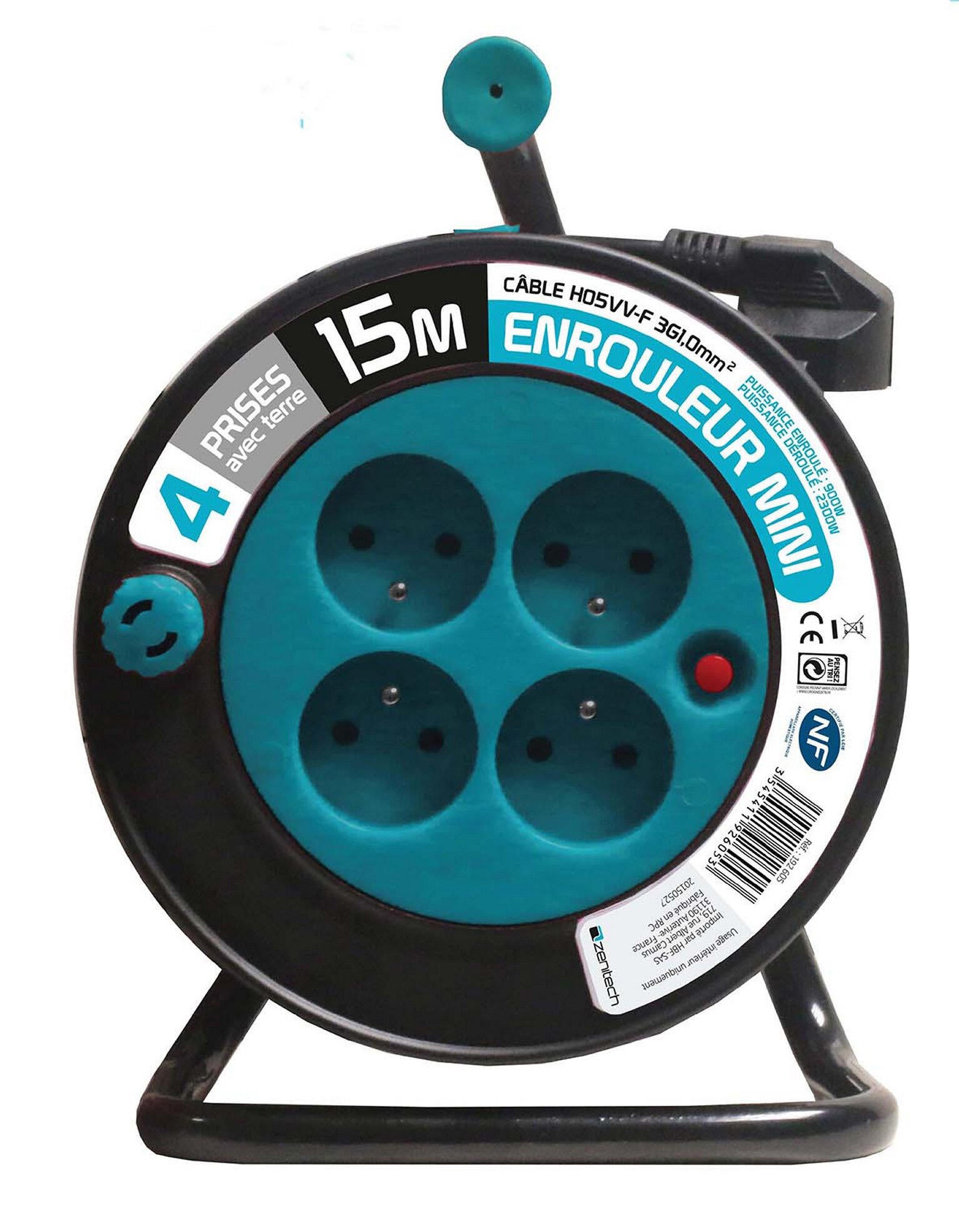 Enrouleur de câble électrique ménager L.15m HO5VVF 3G1, bleu, ZENITECH ...