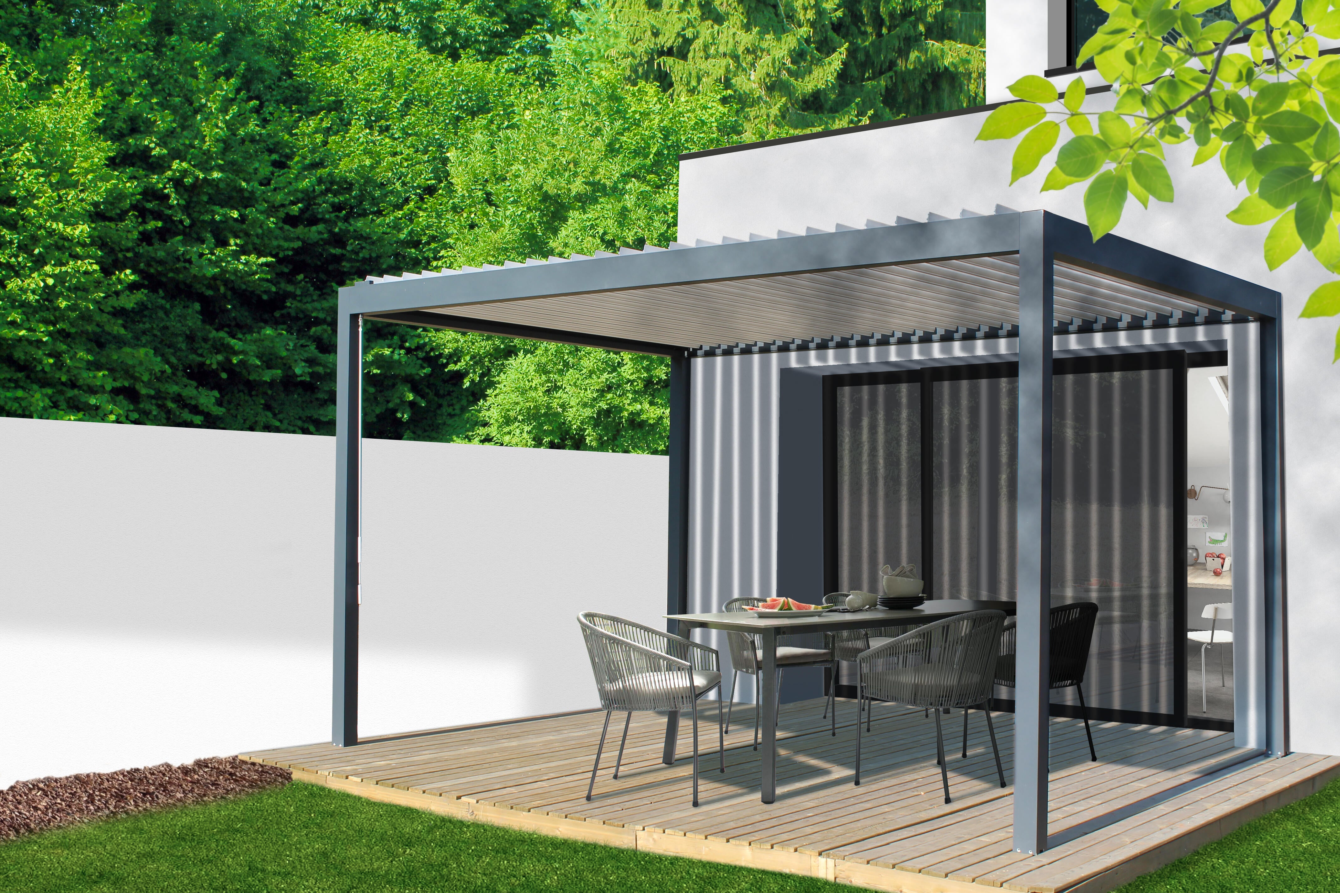 Pérgola de aluminio bioclimática Caleta gris autoportante de 413x308 cm ...