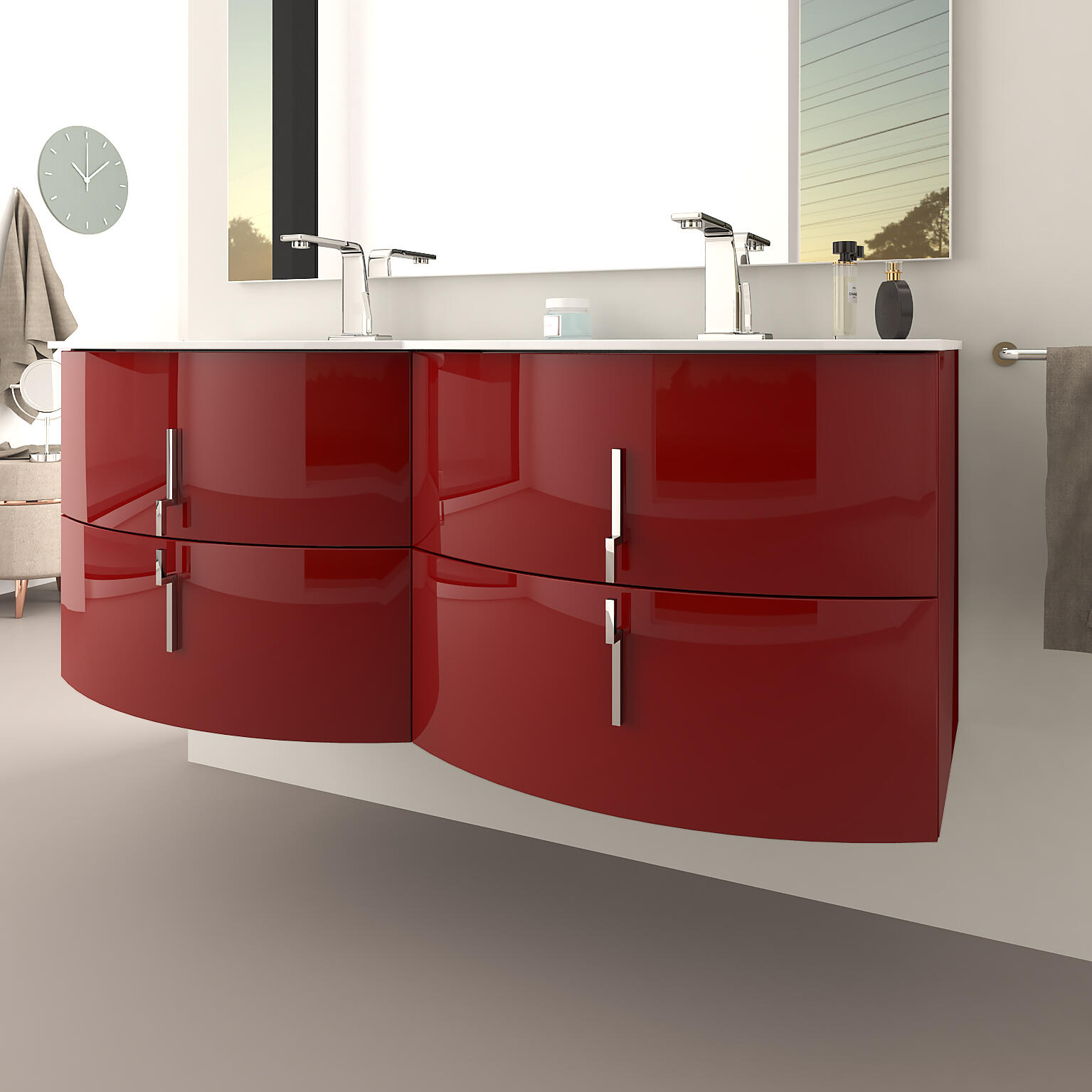 Meuble double vasque l.138 x H.55 x P.52 cm, rouge brillant, Sting ...