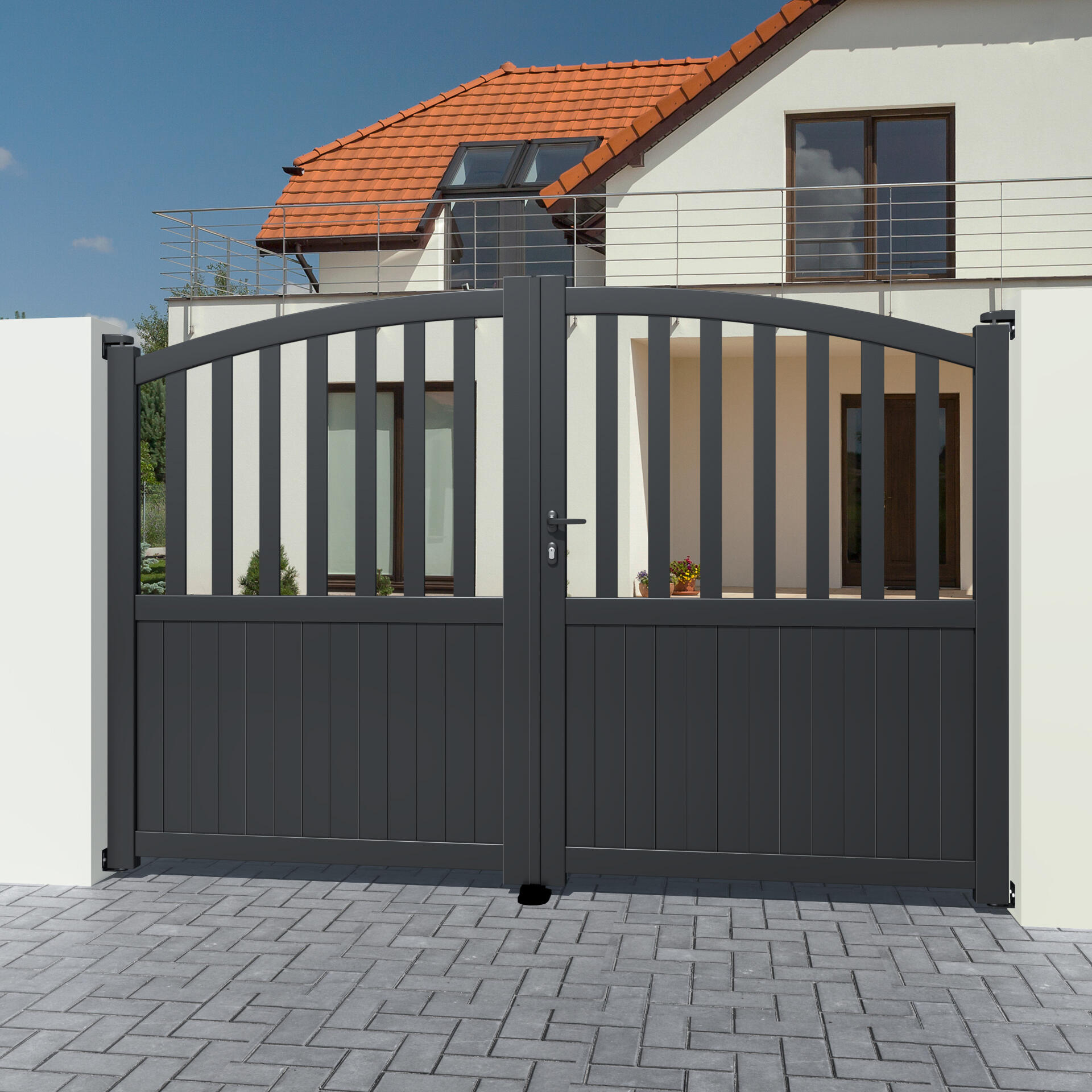 Portail battant aluminium Florenca gris, l.300 x H.120-140 cm | Leroy ...