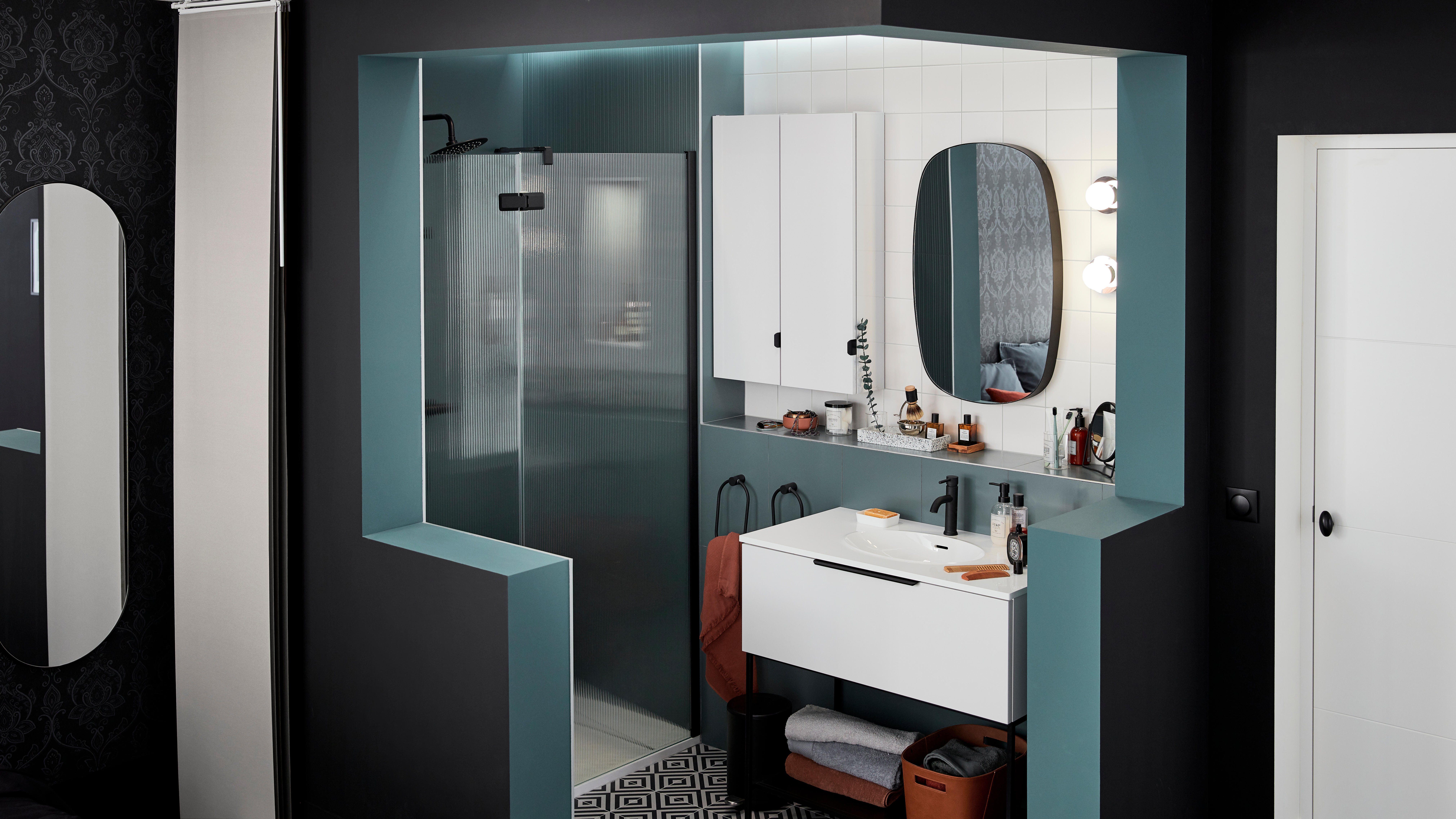 Mampara de ducha fija + abatible ranurado Neo perfil aluminio negro ...