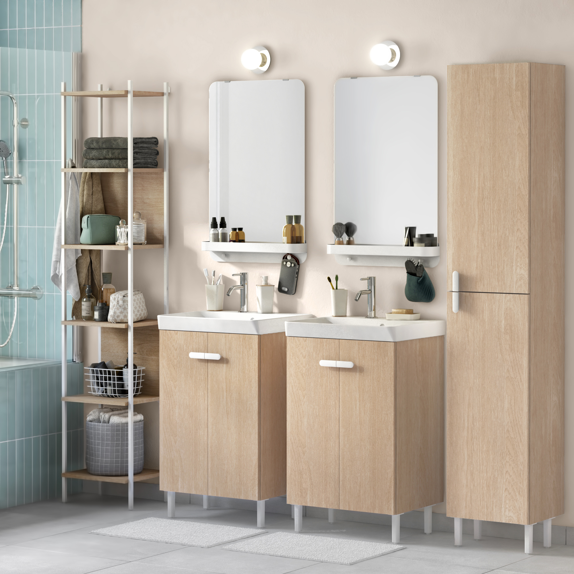 Ensemble 2 meubles vasques L50cm 2 portes + colonne + miroir imit chêne ...