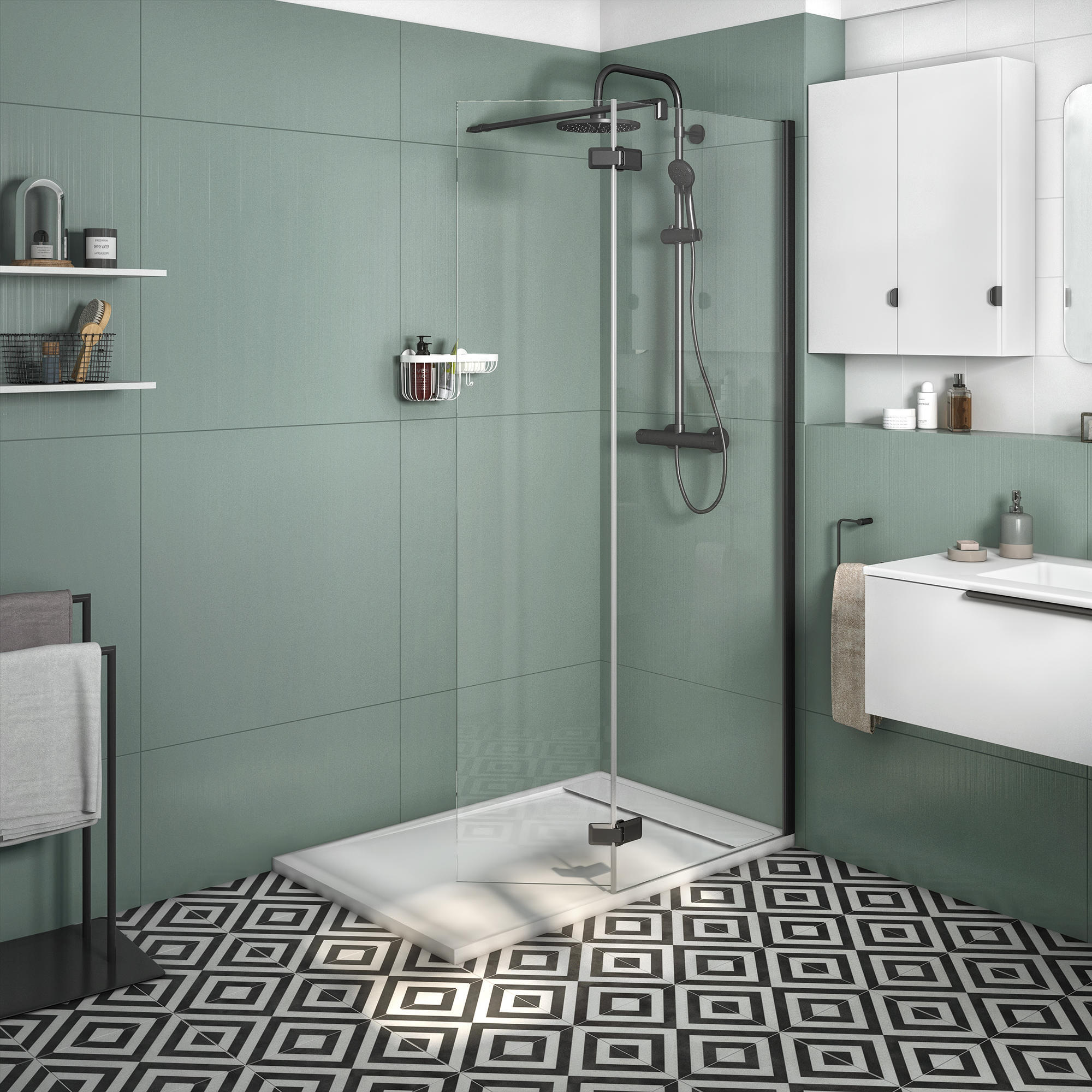 Mampara de ducha fija + abatible transparente Neo perfil aluminio negro ...