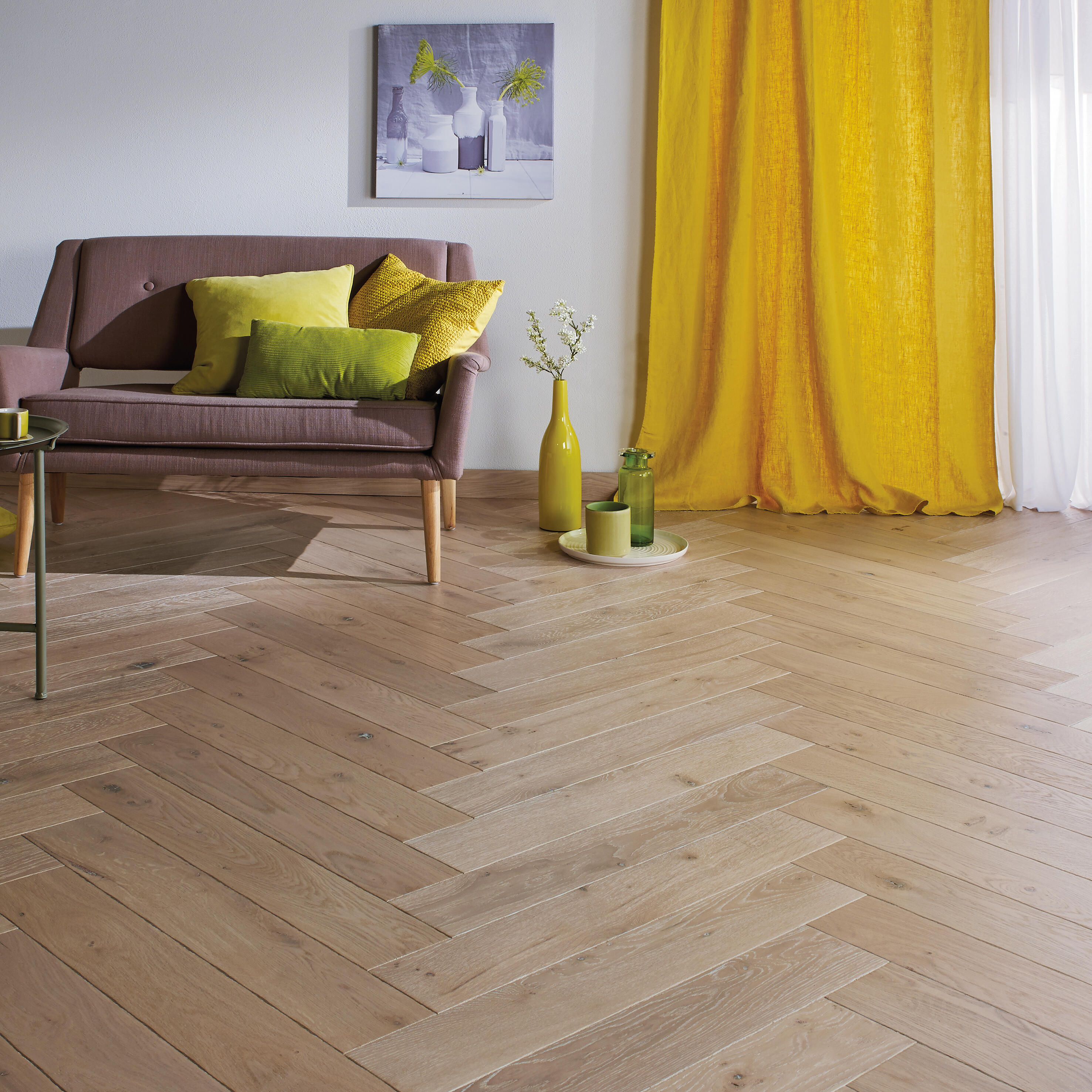 Parquet contrecollé chêne cérusé blanc huilé M bâton rompu BROCELIANDE ...