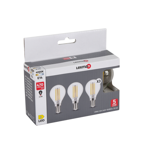 Σετ λάμπες LED Filament clear LEXMAN 3.4W 470 LUMEN E14 4000K ψυχρό φως