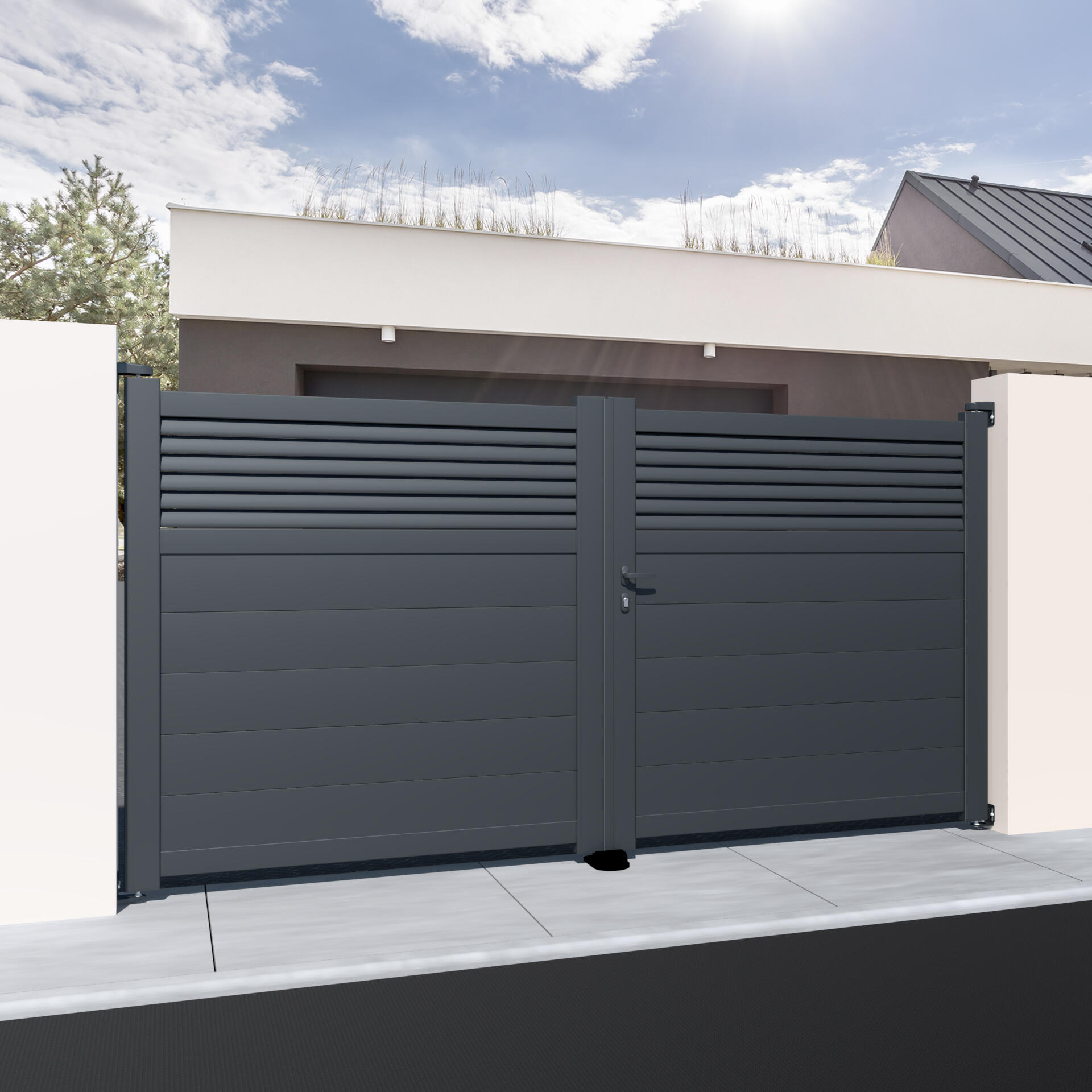 Portail aluminium Serra avec lames persiennes et horizontales | Leroy ...