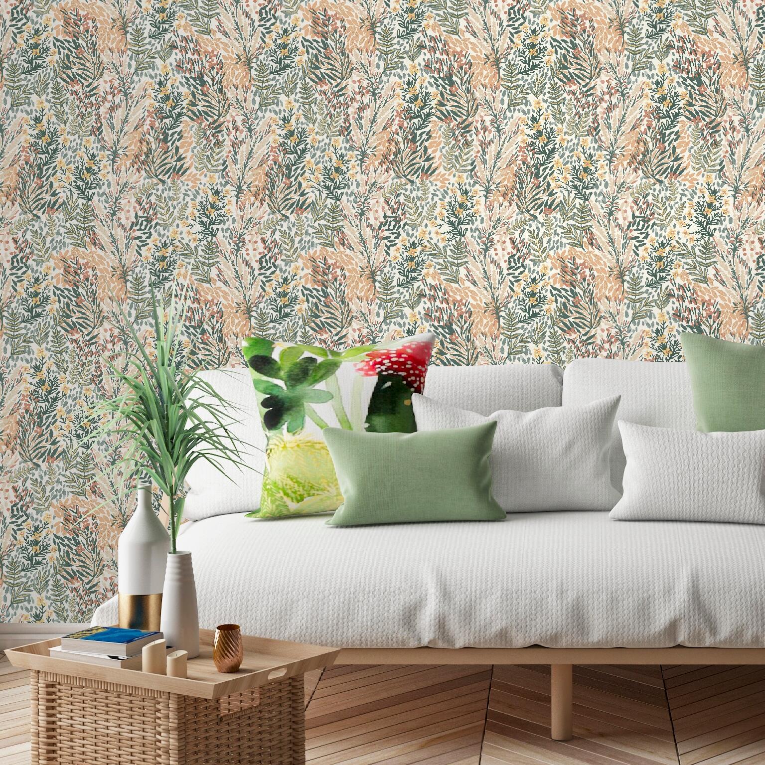 Papier peint intissé Jardin fleuri vert céladon | Leroy Merlin