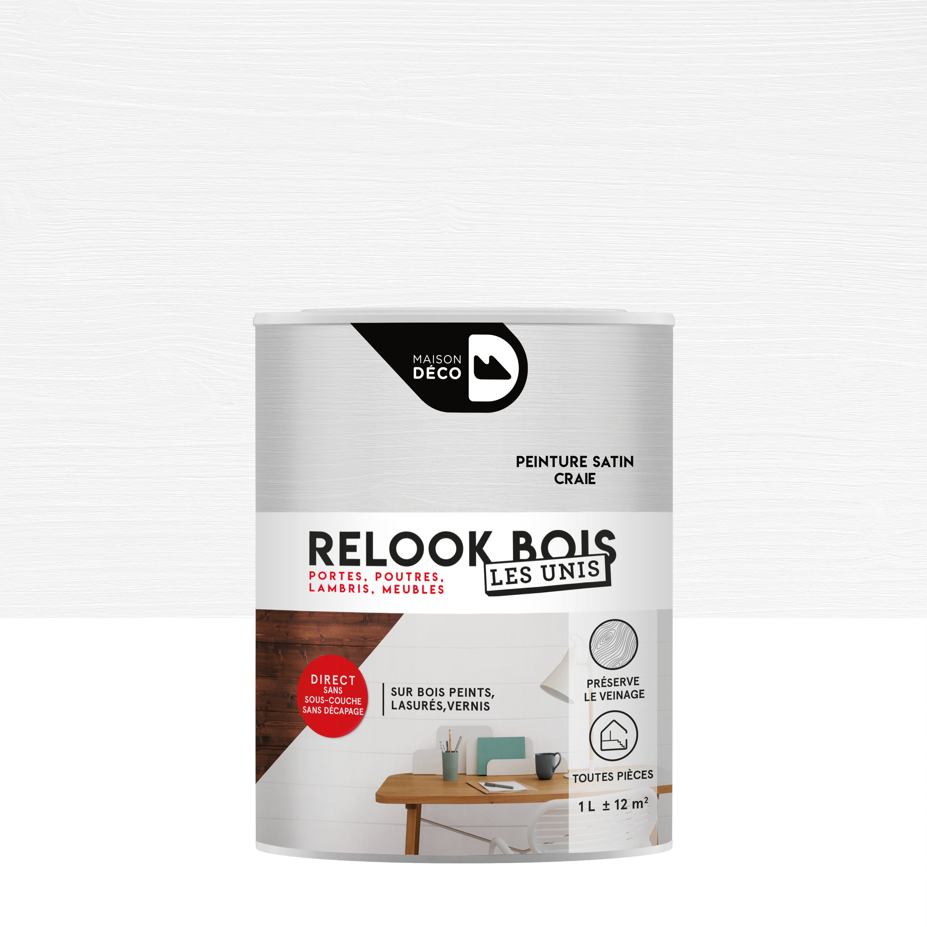 Peinture Relook bois MAISON DECO, craie satiné, 1 l | Leroy Merlin