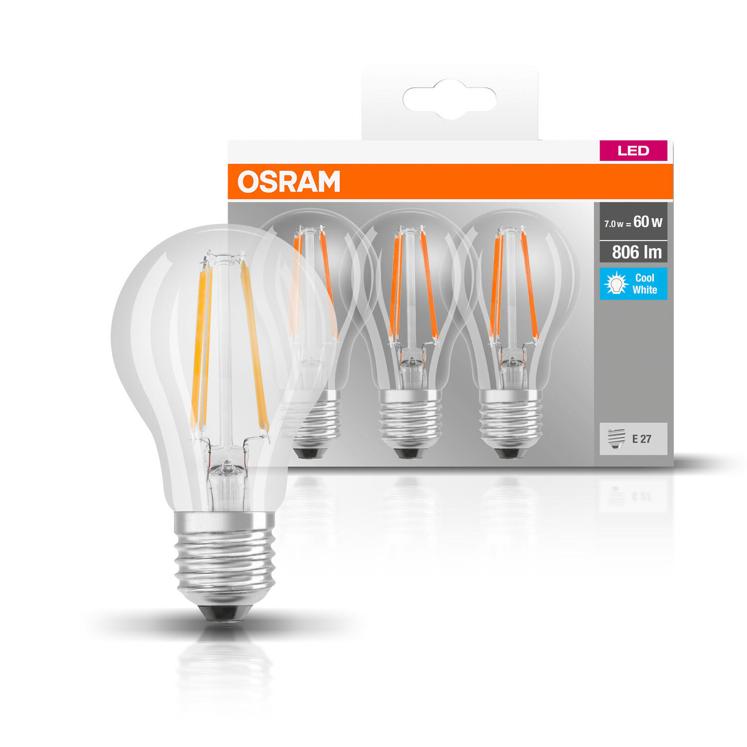 Lot de 3 ampoules led à filament standard E27 470 Lm = 60 W blanc froid, OSRAM | Leroy Merlin
