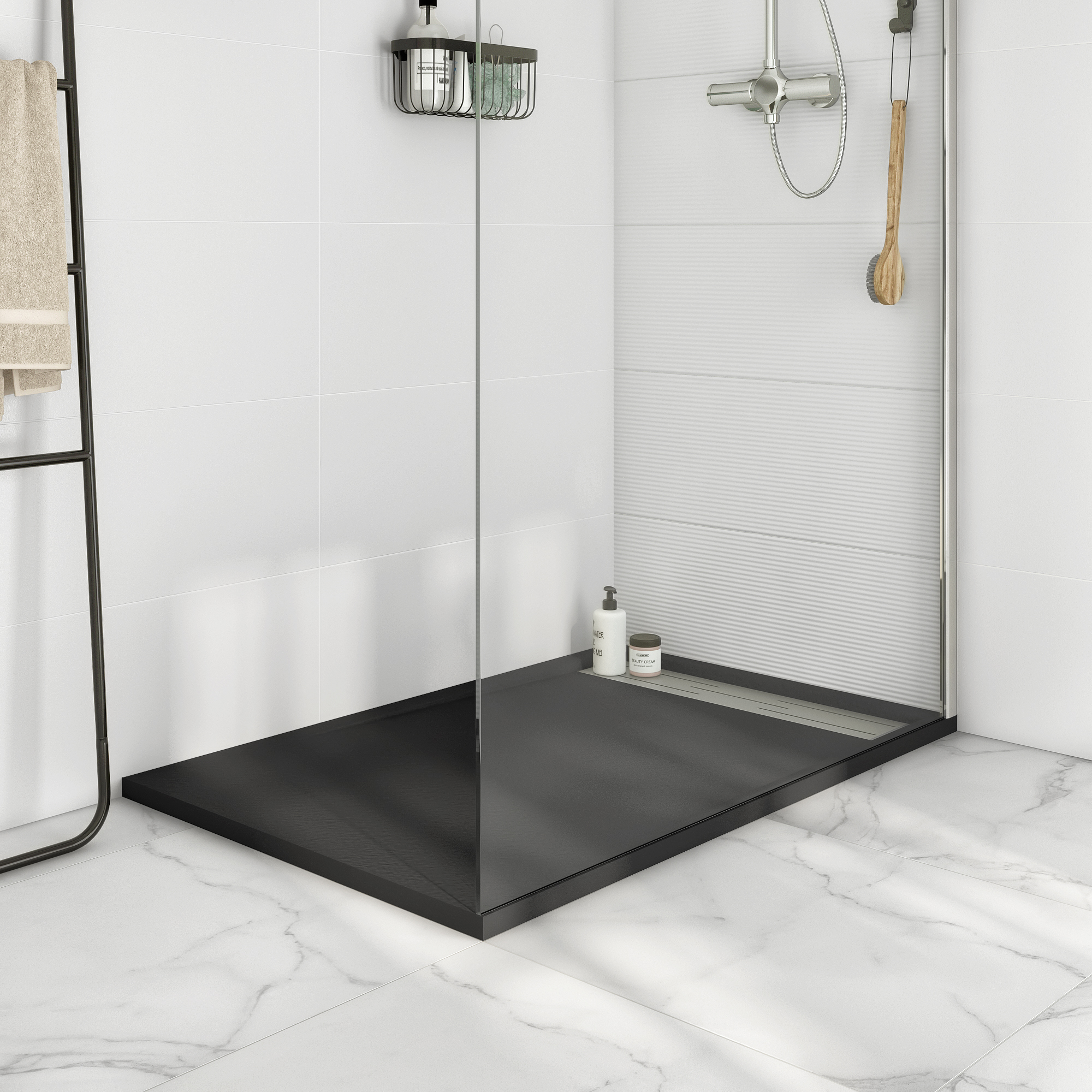 Receveur de douche, résine, noir, grille inox L.120 x l.90 cm, Neo ...