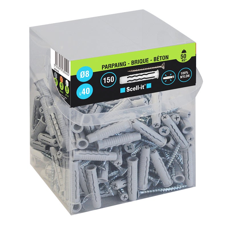 Lot de 150 chevilles multi-matériaux + vis SCELL-IT, Diam.8 x L.40 mm ...