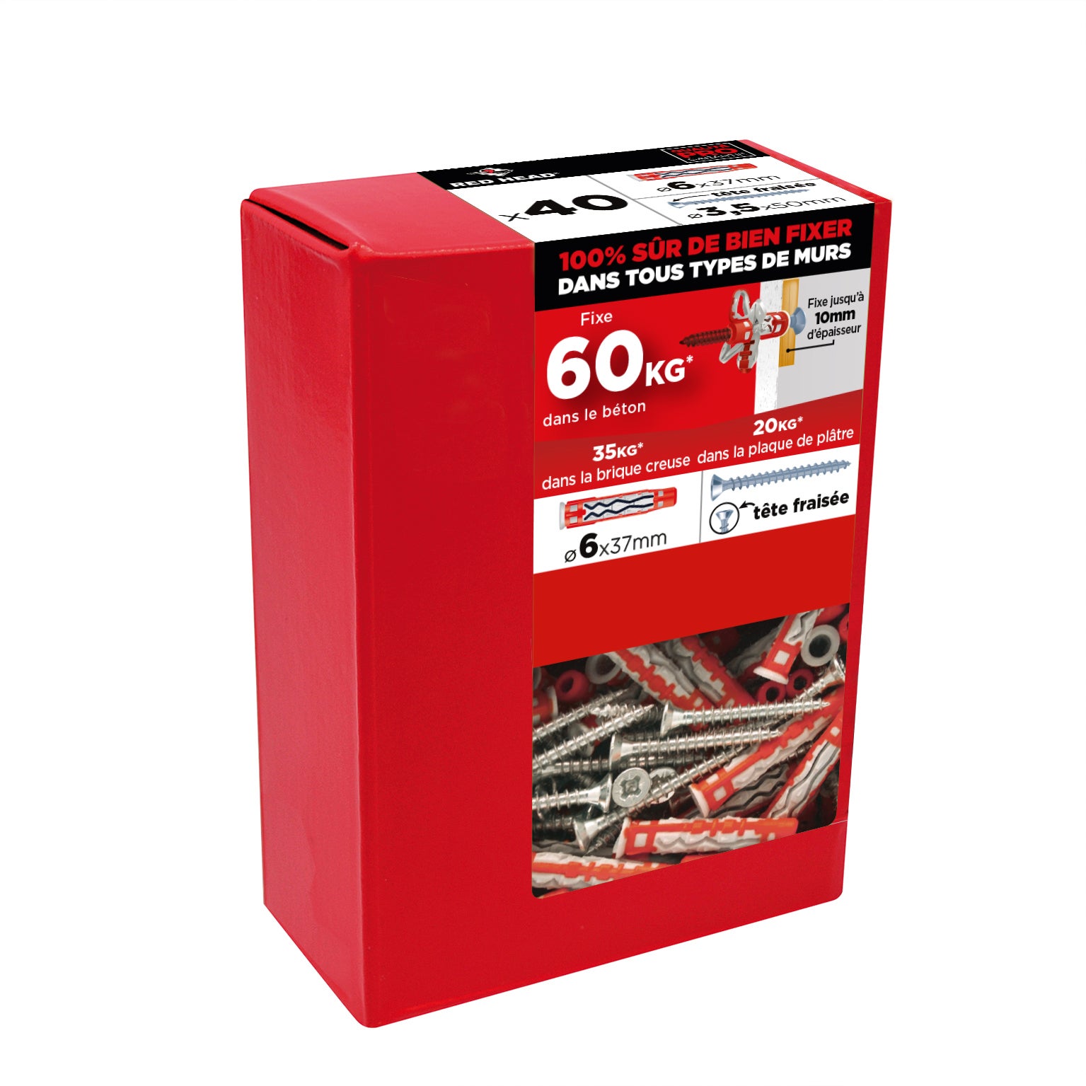 Lot de 40 chevilles pour tout type de mur RED HEAD, Ø6 x L.37 mm ...