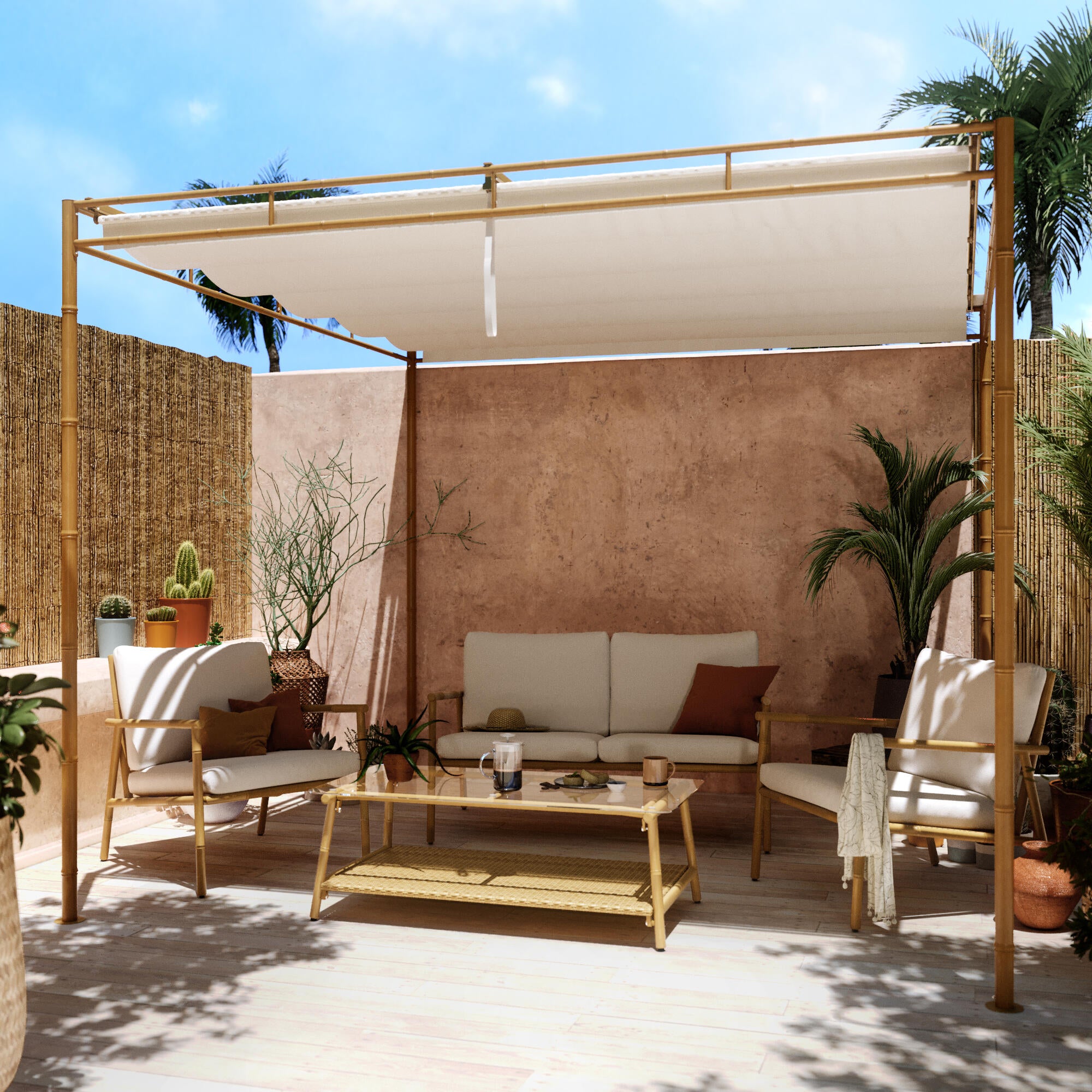 Pérgola de acero Naterial Bamboo beige de 293x293 cm | Leroy Merlin