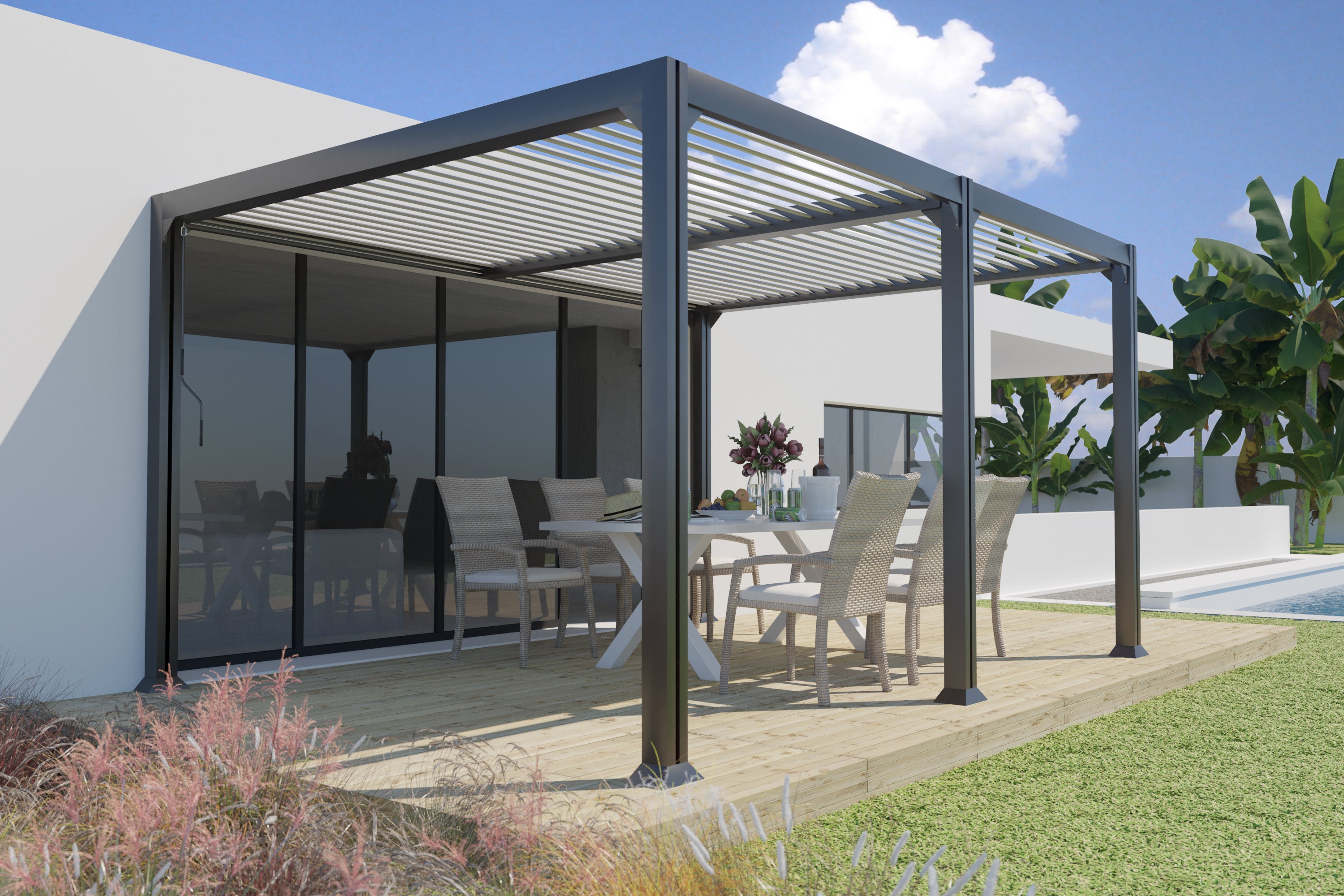 Pergola adossée bioclimatique aluminium gris anthracite, Madison 3X4 M ...