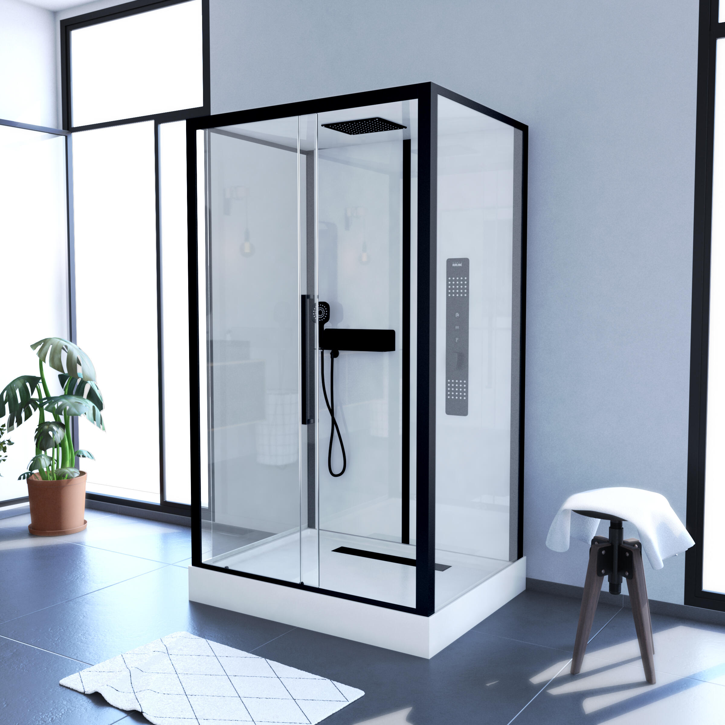 Cabine de douche L.90 x l.115 cm Aluminium laqué noir mat verre ...