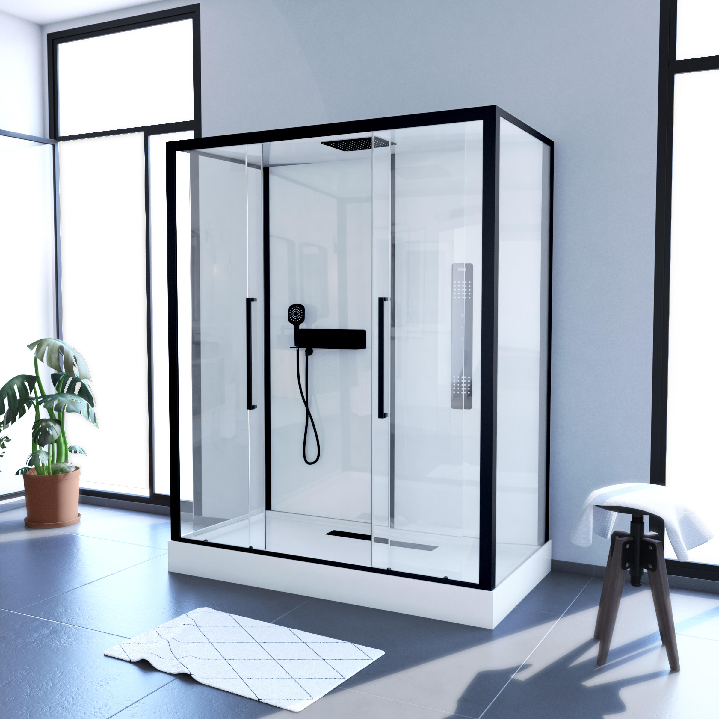 Cabine de douche L.160 x l.85 cm Aluminium laqué noir mat verre ...