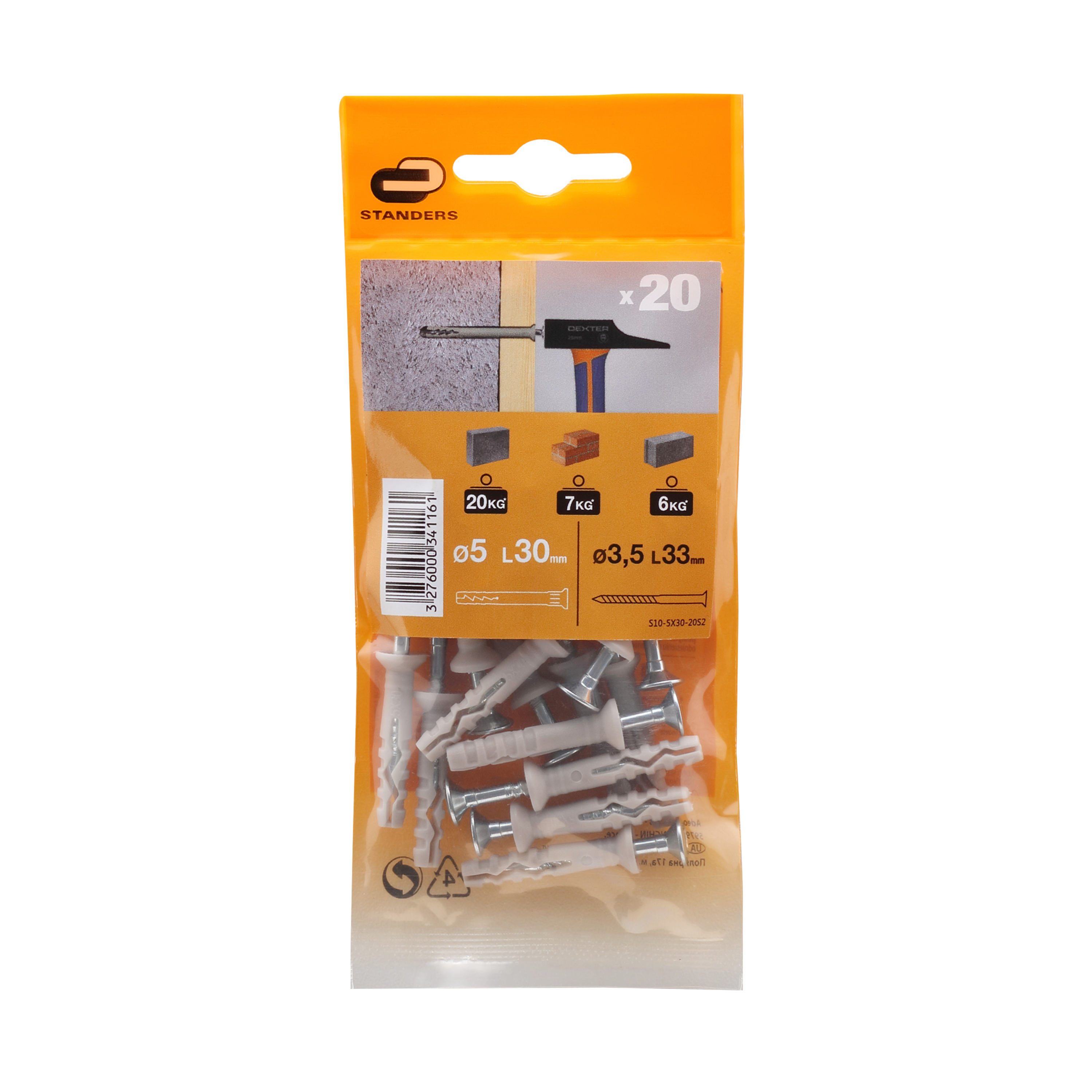 20 chevilles à frapper (brique, béton, parpaing) STANDERS, Diam.5 x L ...