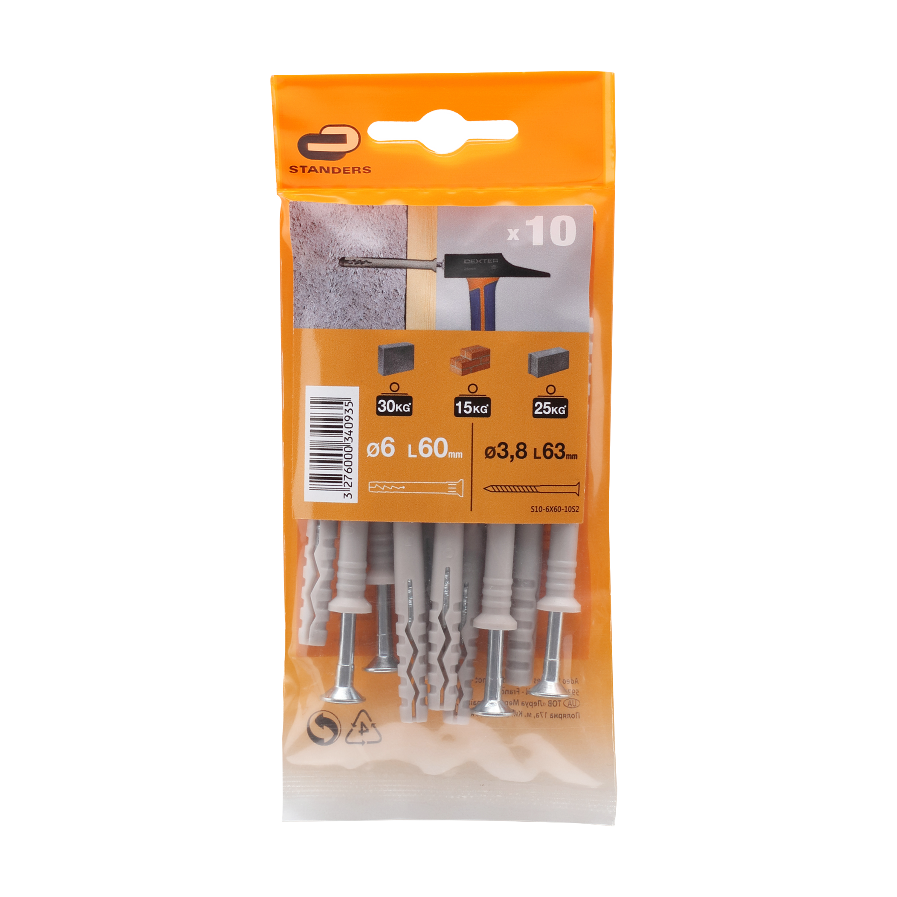 10 chevilles à frapper (brique, béton, parpaing) STANDERS, Diam. 6 x L ...