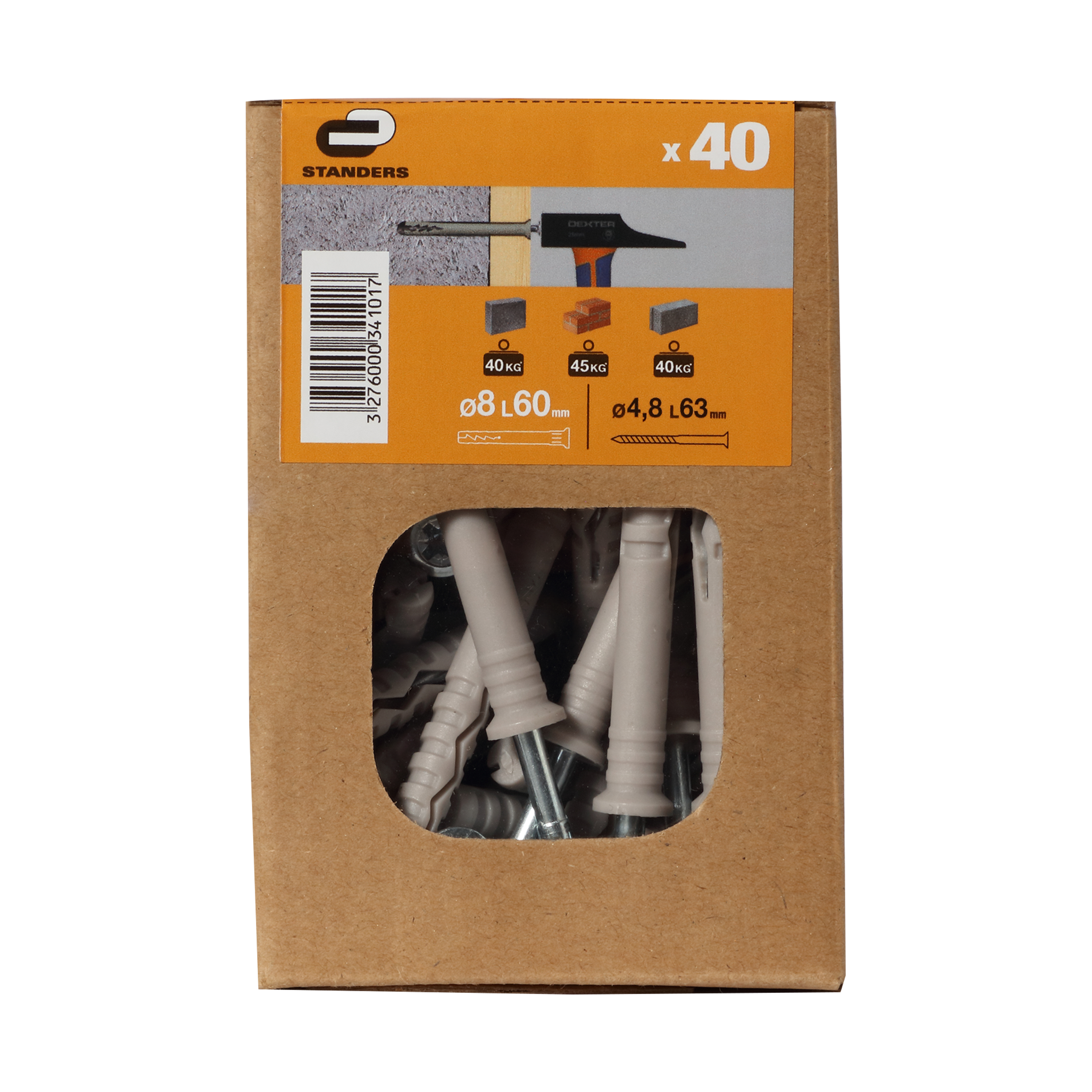 40 chevilles à frapper (brique, béton, parpaing) STANDERS, Diam. 8 x L ...