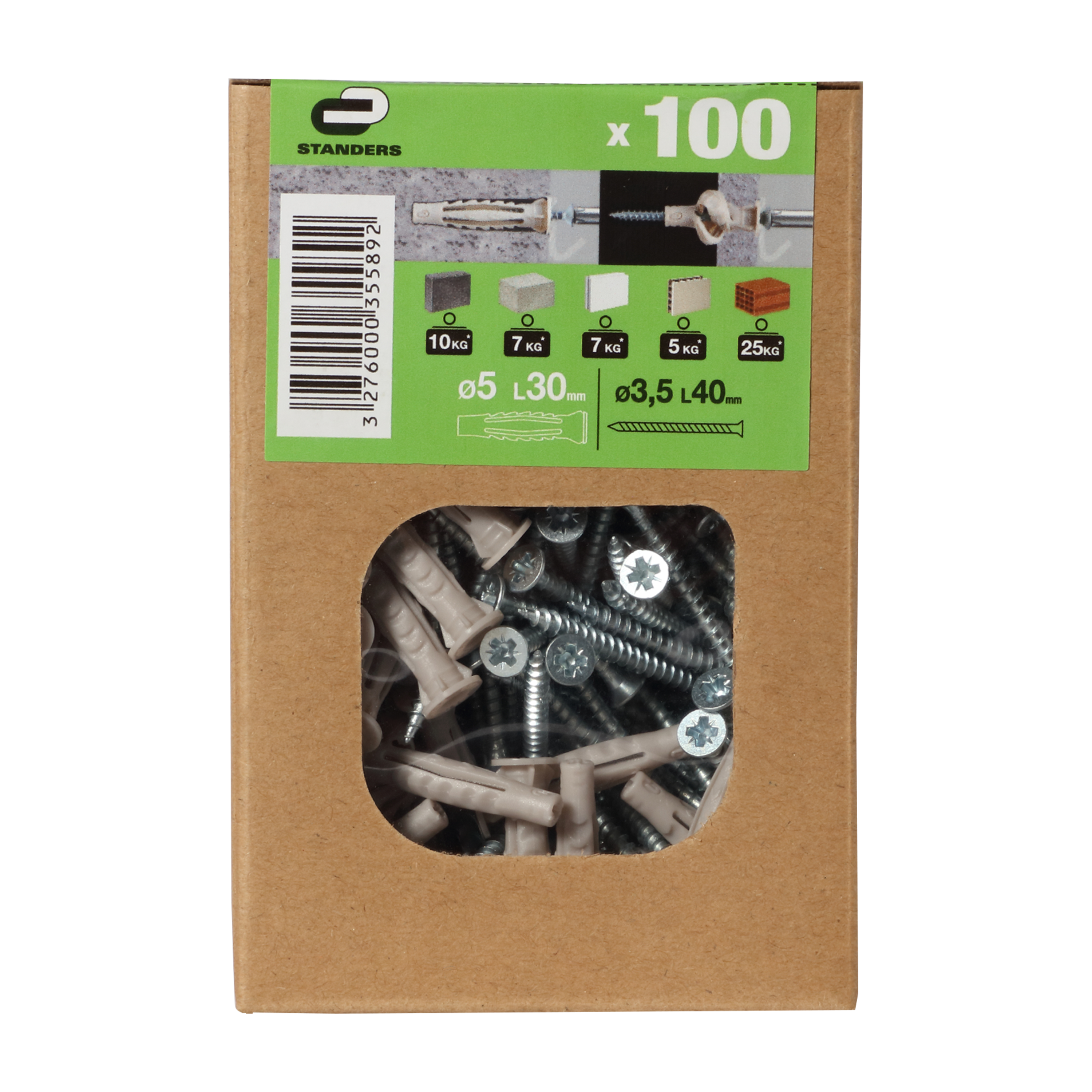 100 chevilles multi-matériaux et vis STANDERS, Diam.5 x L.30mm | Leroy ...