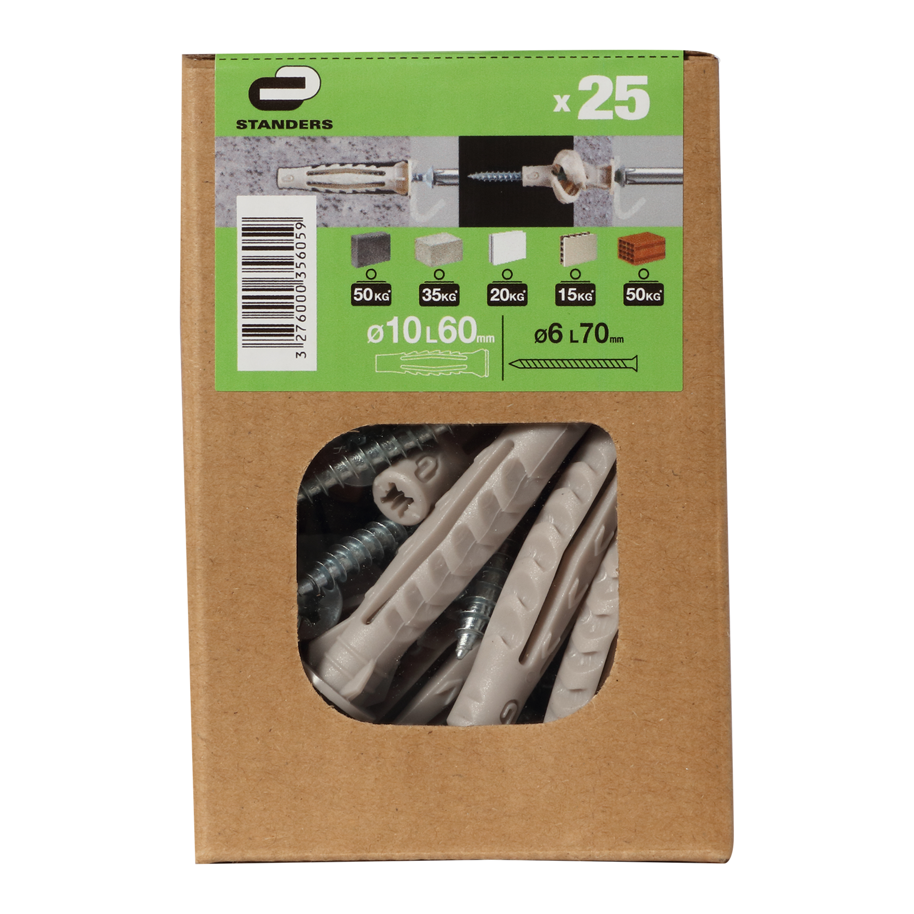 25 chevilles multi-matériaux et vis STANDERS, Diam.10 x L.60mm | Leroy ...