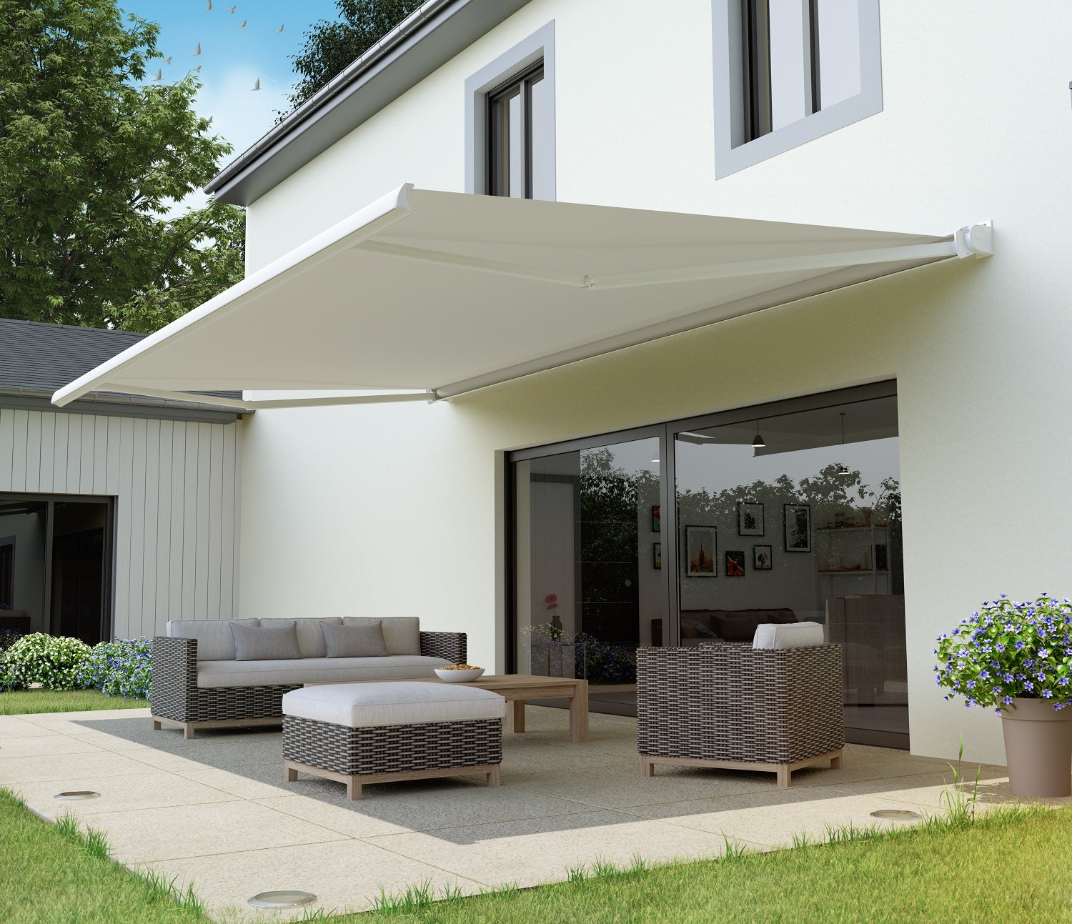 Store banne motorisé 4.30x3.5 m Calvi XL blanc LED,toile acryl.Premium ...