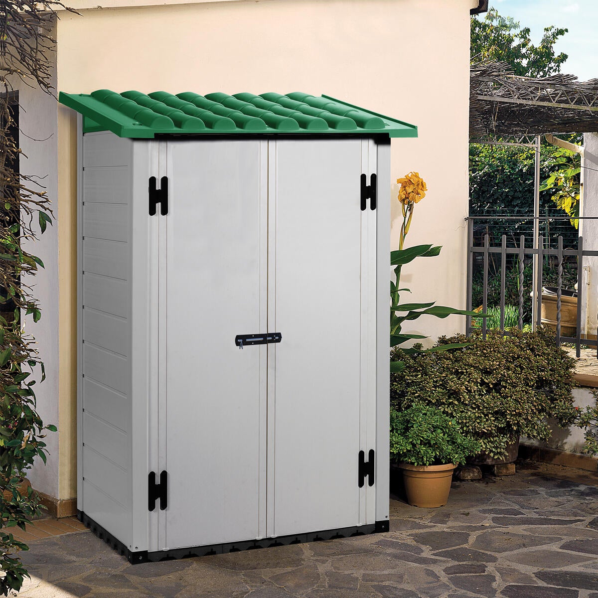 Casetta da giardino GAROFALO in pvc Tuscany grigio con porta doppio ...