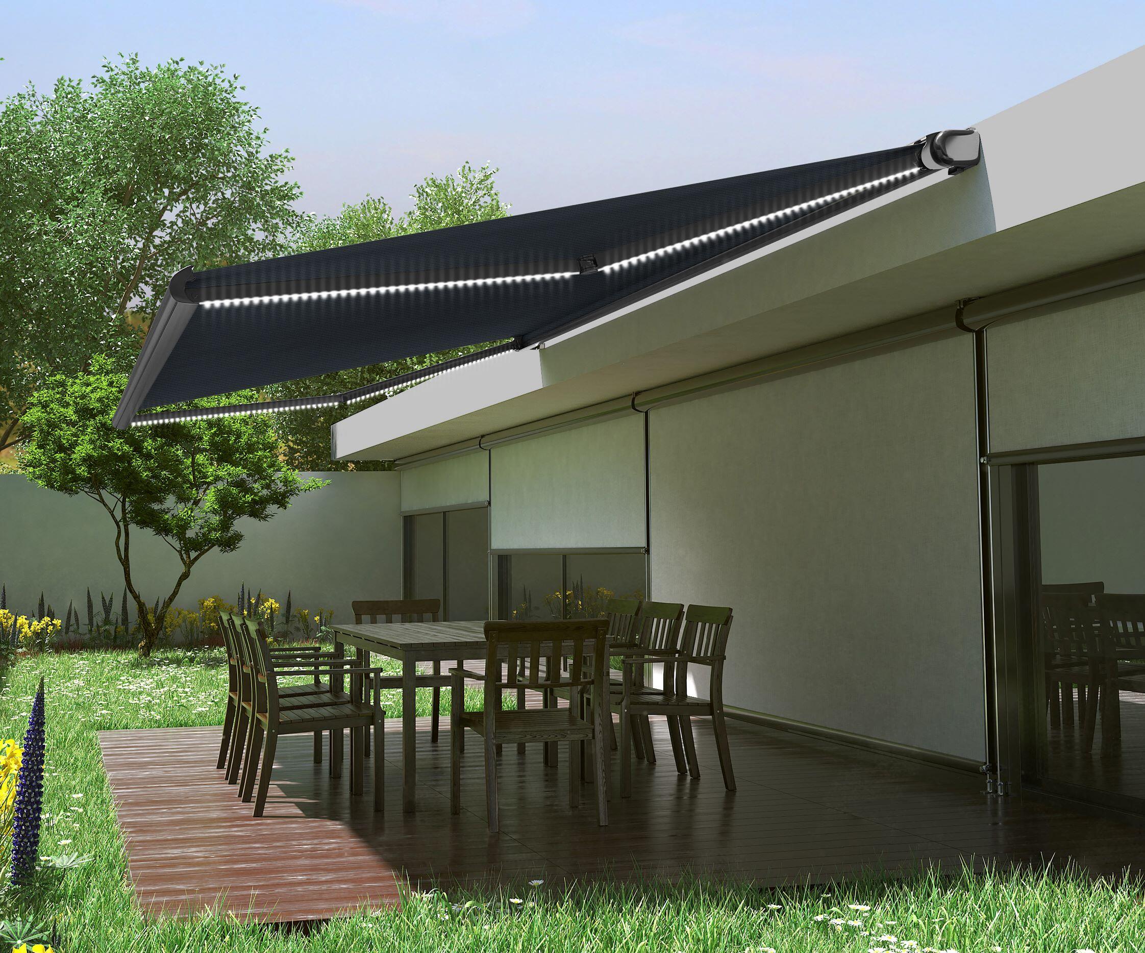 Store banne motorisé 4.1x3.5m Batz2 XL gris LED, toile micro perforée ...