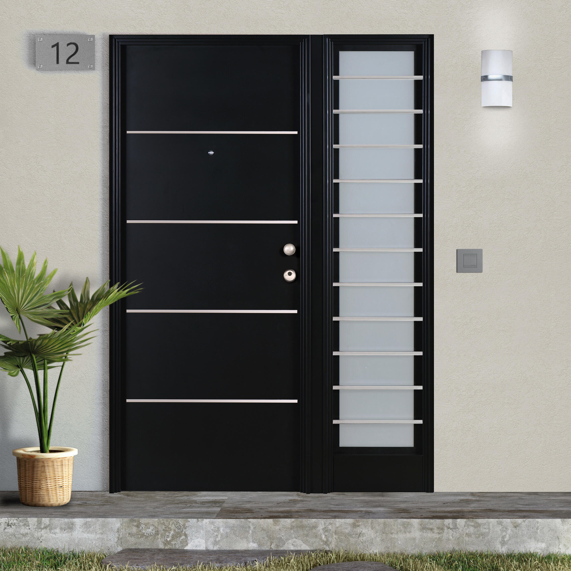 Puerta de entrada metálica insercciones aluminio izquierda negro de ...