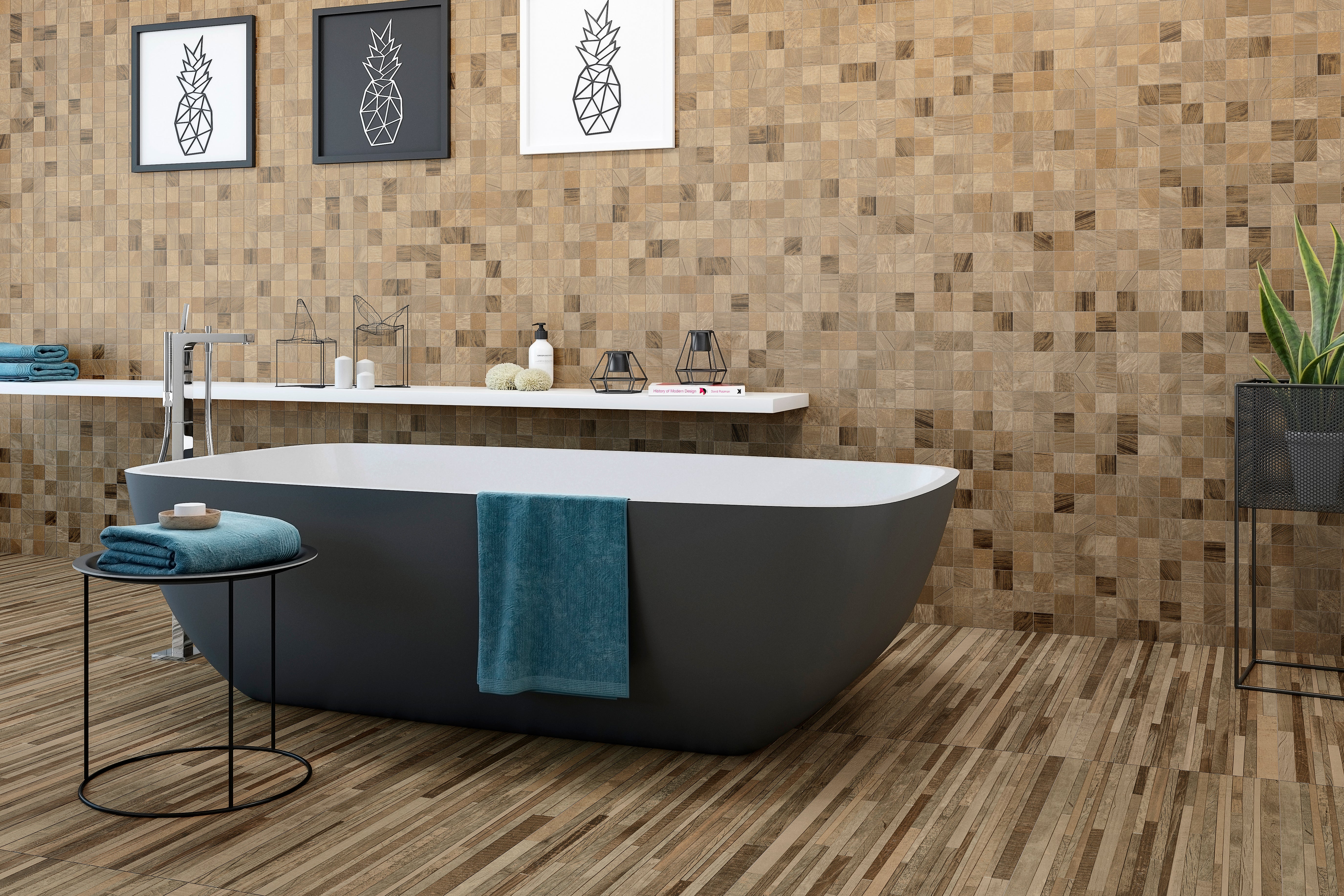 Suelo/Azulejo porcelánico Sequoia Mosaic efecto madera tobacco 33x33 cm ...