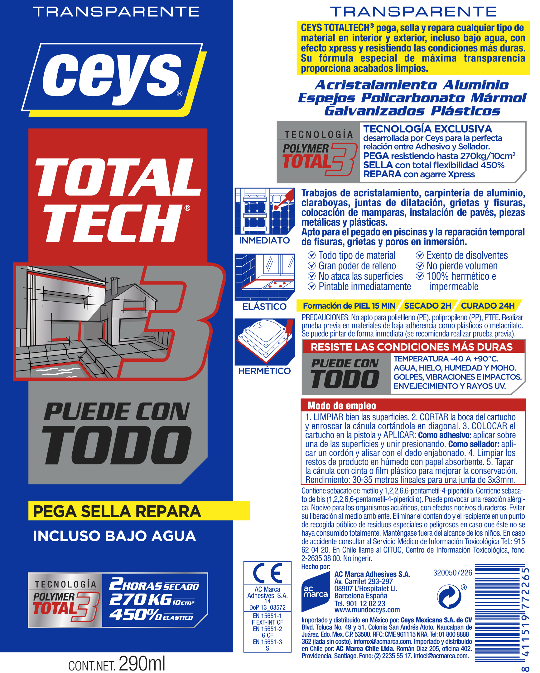 Sellador adhesivo CEYS Total Tech MS-TECH 290 ml transparente | Leroy ...