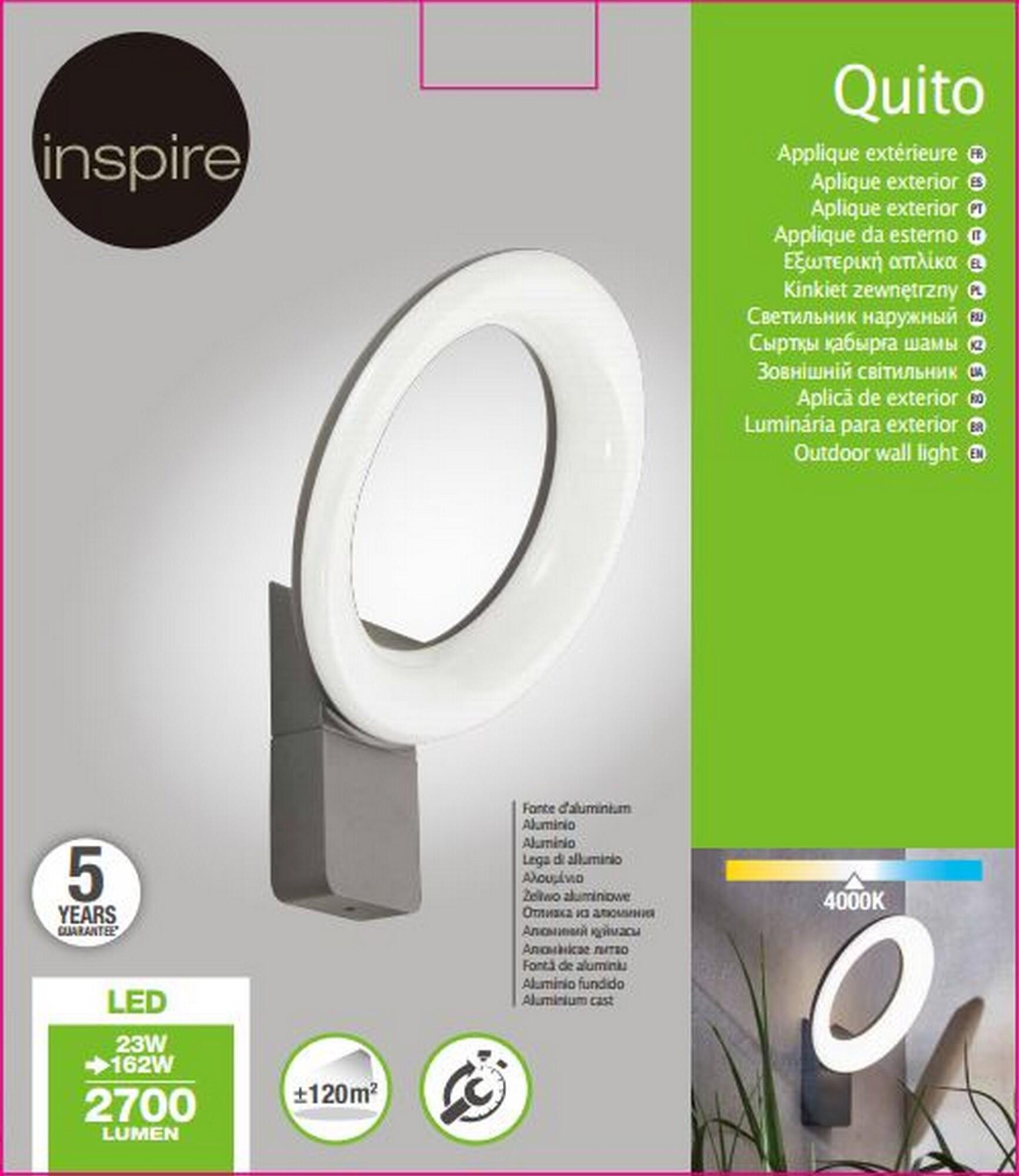 Aplique exterior LED Quito INSPIRE negro 2100 lm blanco neutro IP54 ...