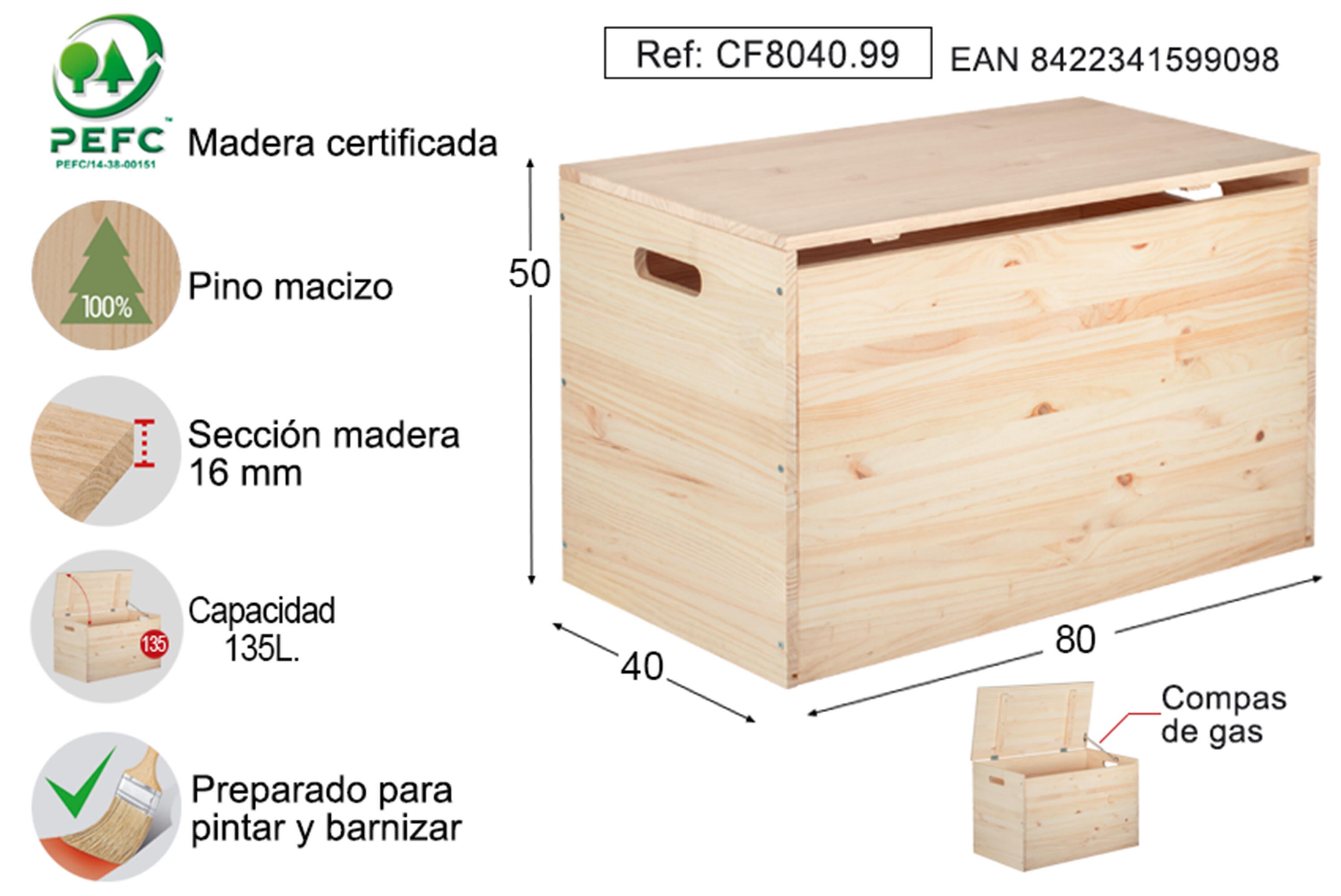 Baúl de madera con tapa medidas 80x50x40 cm 135 litros de capacidad ...