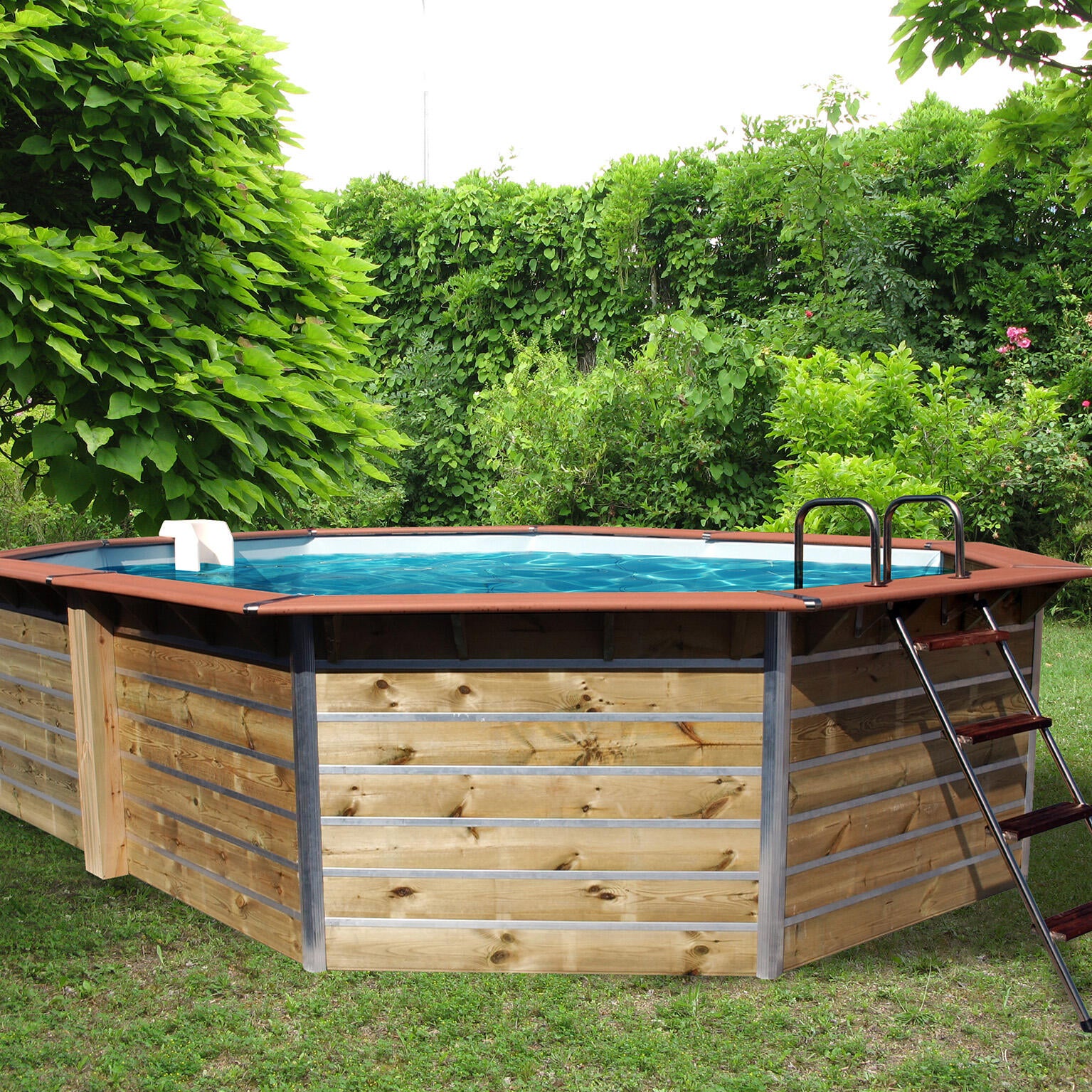 Piscine hors-sol, bois Fugua WATERCLIP, ovale x L.5.9 x l.4.2 x H.1.29 ...