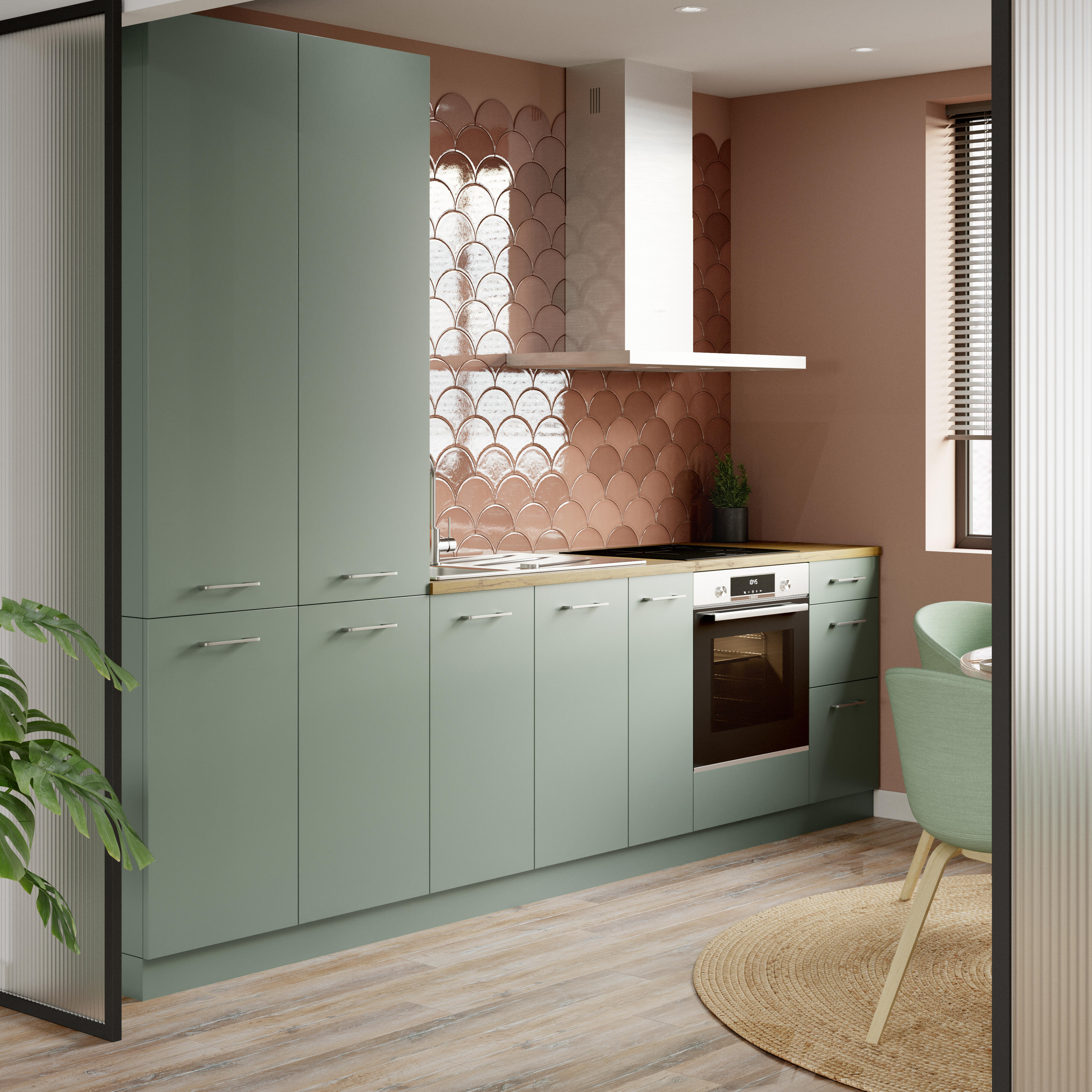Cocina en kit Viena verde 300 cm con 2 columnas + 4 módulos bajos ...