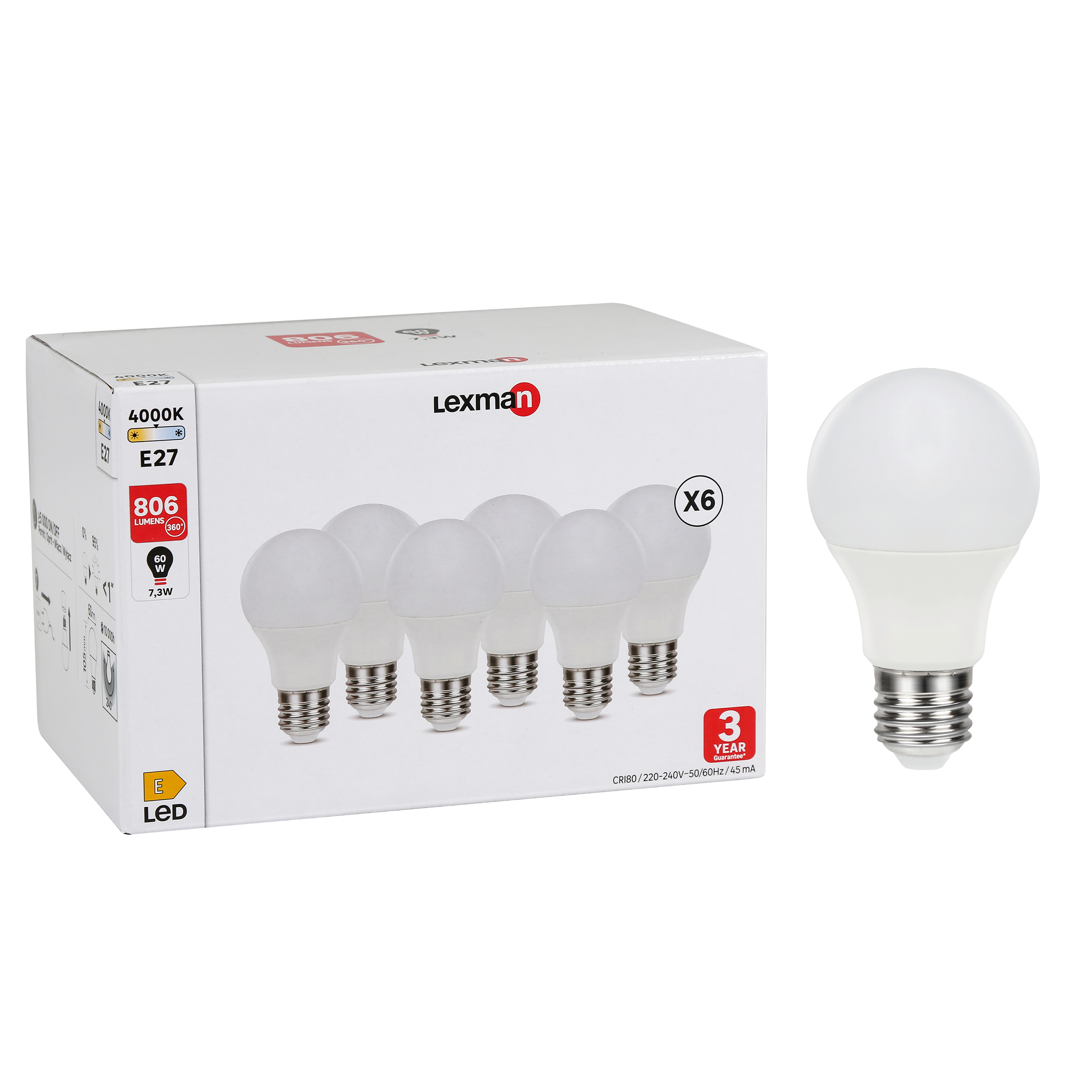 Lot de 6 ampoules led E27, 806Lm = 60W, blanc neutre, LEXMAN | Leroy Merlin