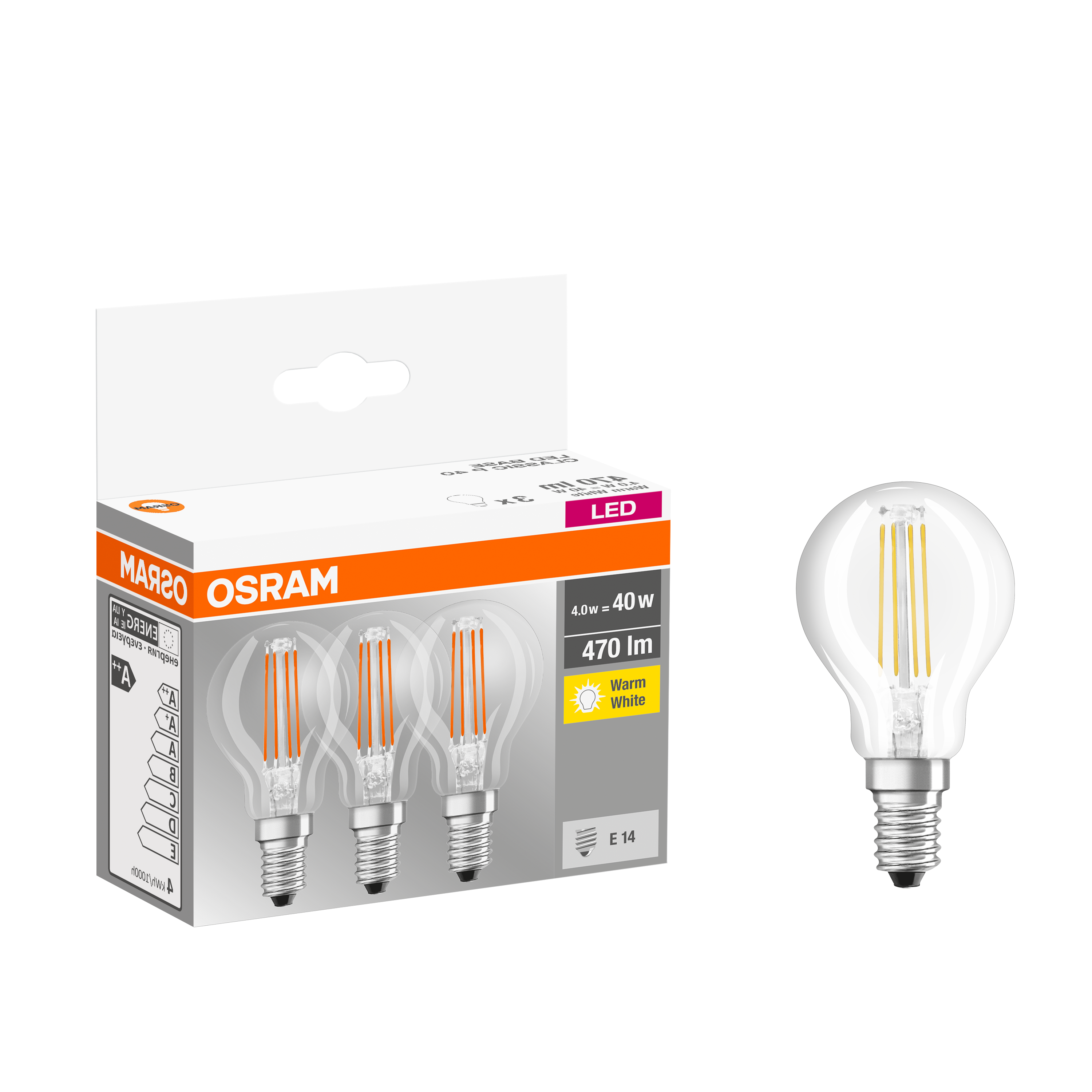 Pack de 3 bombillas LED E14 esférica 470 lúmenes 4W de 2700K | Leroy Merlin
