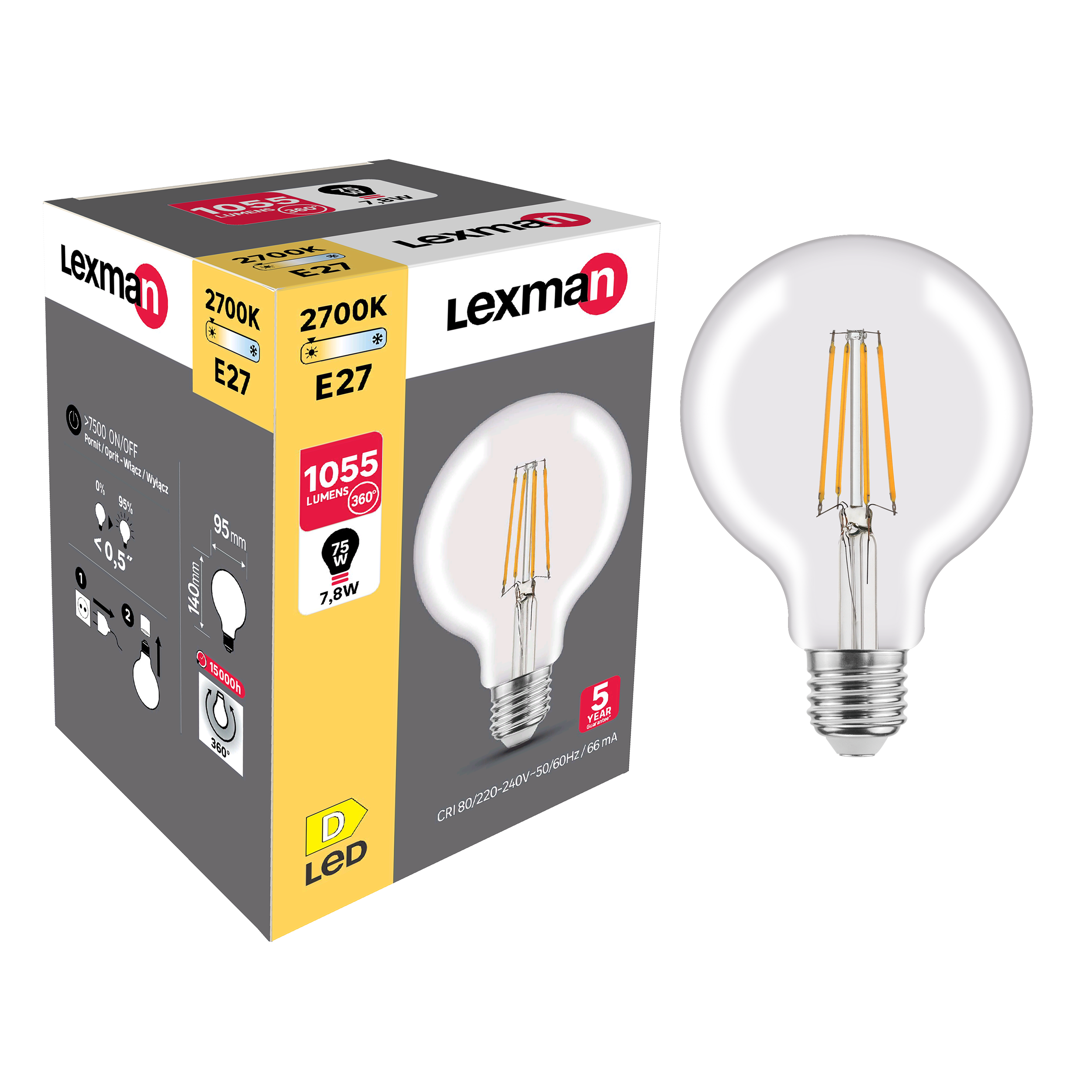 Ampoule led, globe 95mm E27, 1055lm = 75W, blanc chaud, LEXMAN | Leroy ...