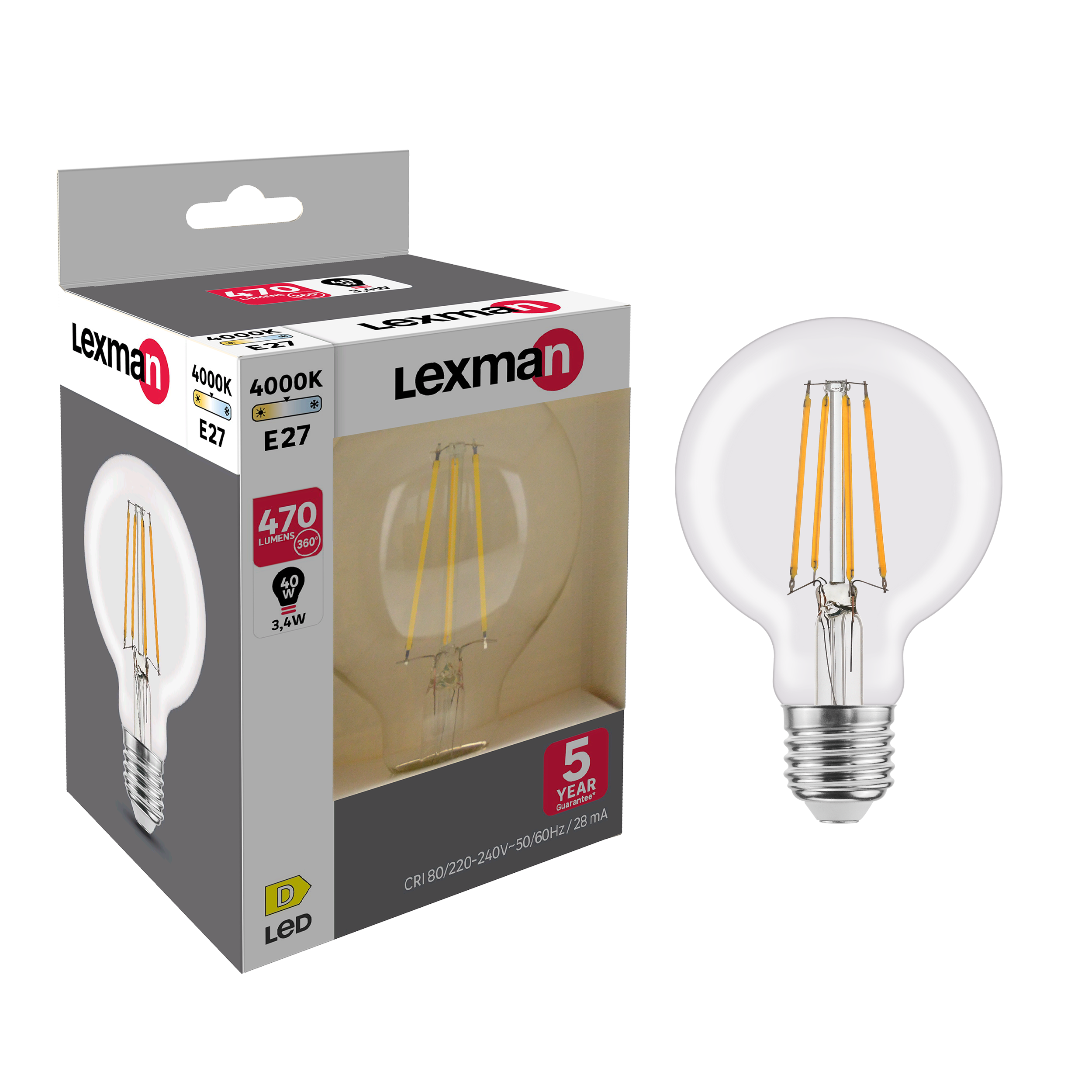 Ampoule led, globe 80mm E27, 470lm = 40W, blanc neutre, LEXMAN | Leroy ...