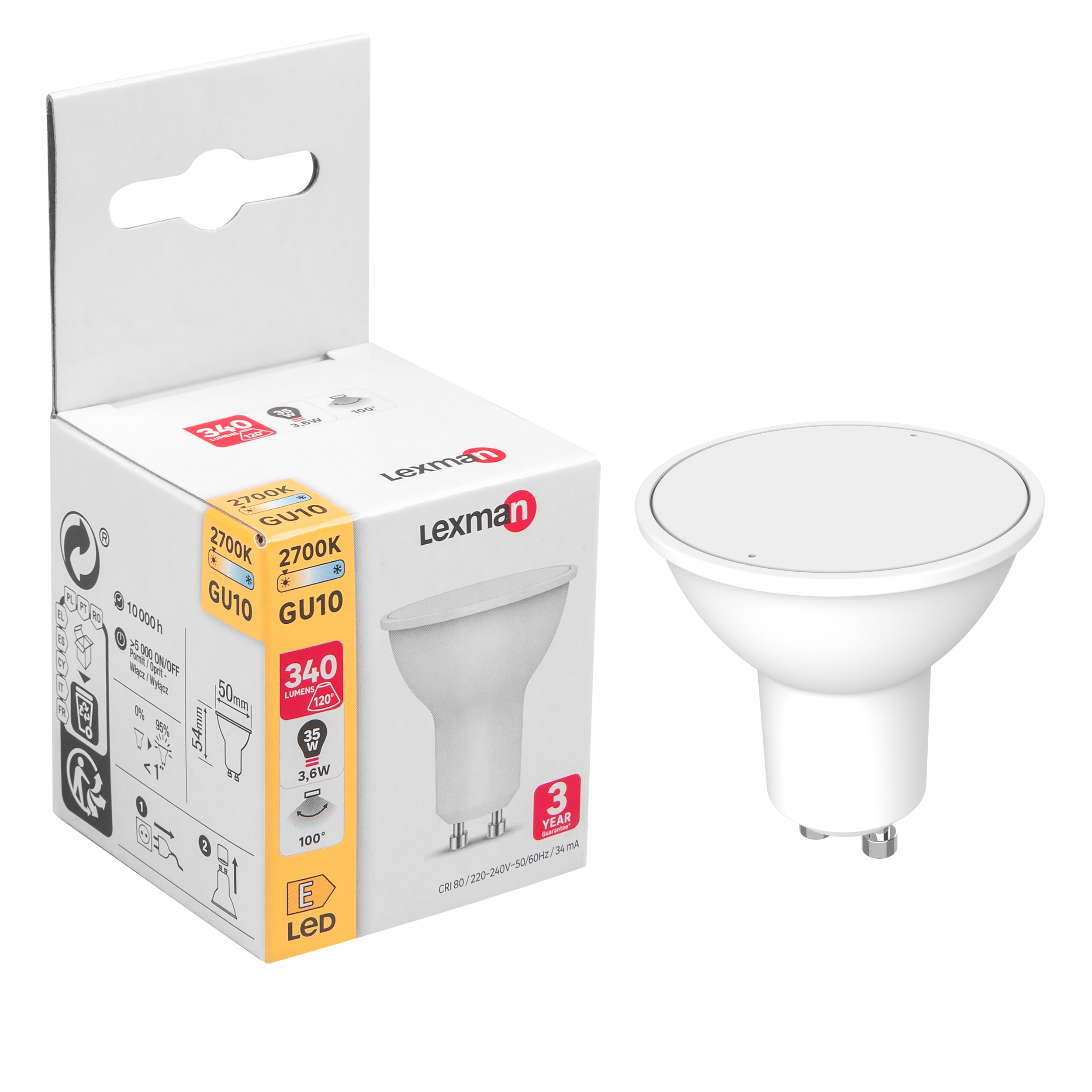 Lampadina LED, GU10 faretto, trasparente, luce calda, 3.6W= 340 LM ...