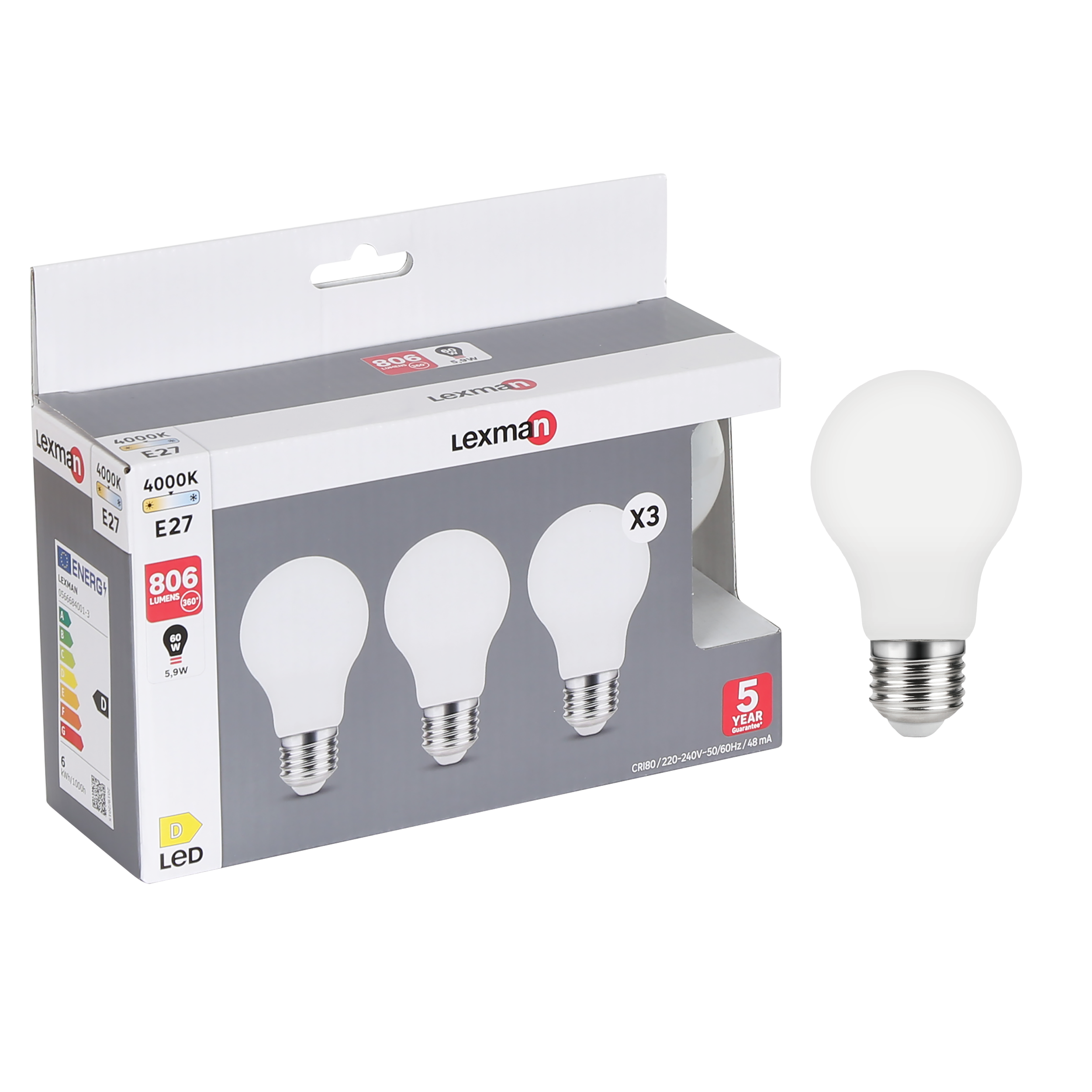 Lot de 3 ampoules led E27, 806Lm = 60W, blanc neutre, LEXMAN | Leroy Merlin