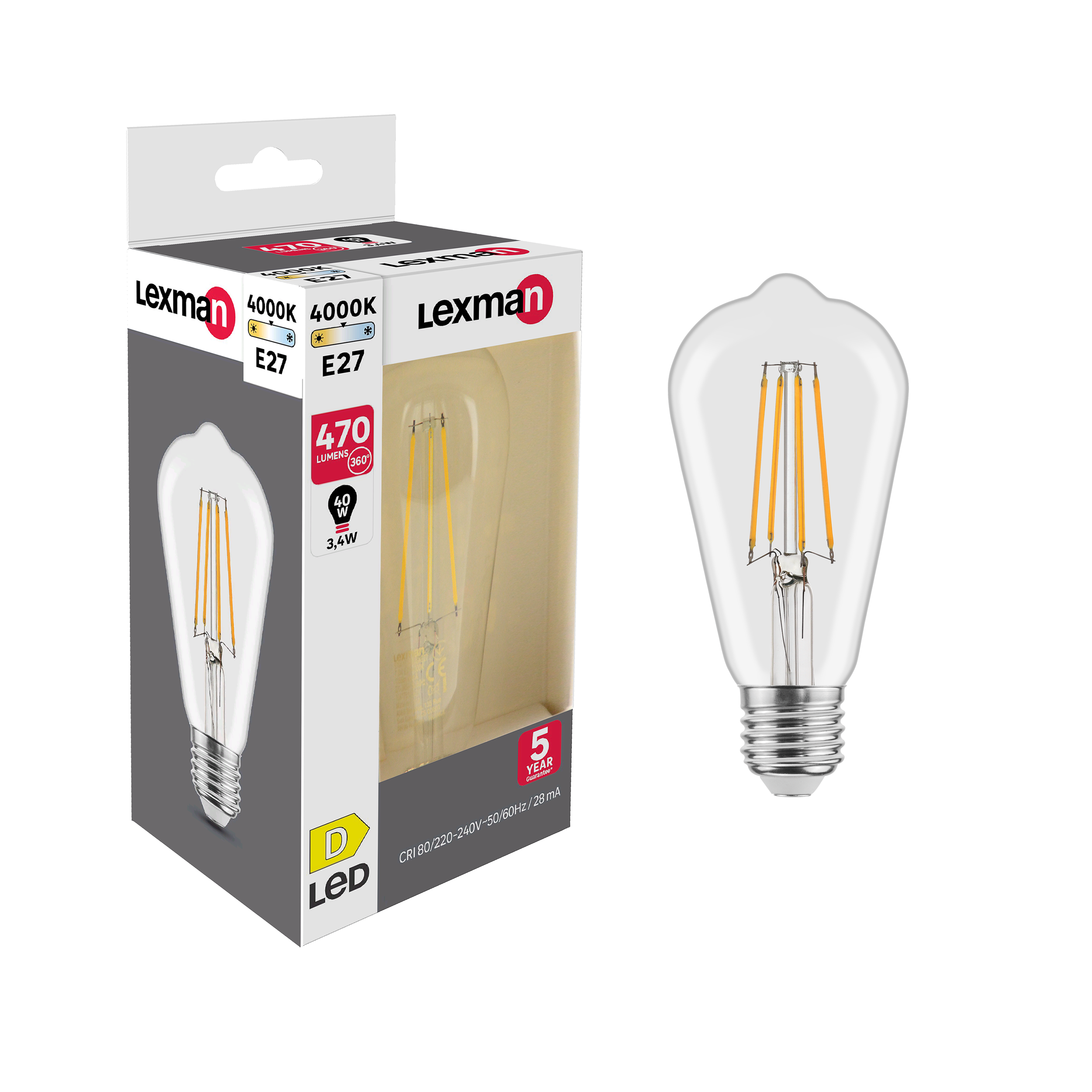 Ampoule led, Edison E27, 470lm = 40W, blanc neutre, LEXMAN | Leroy Merlin