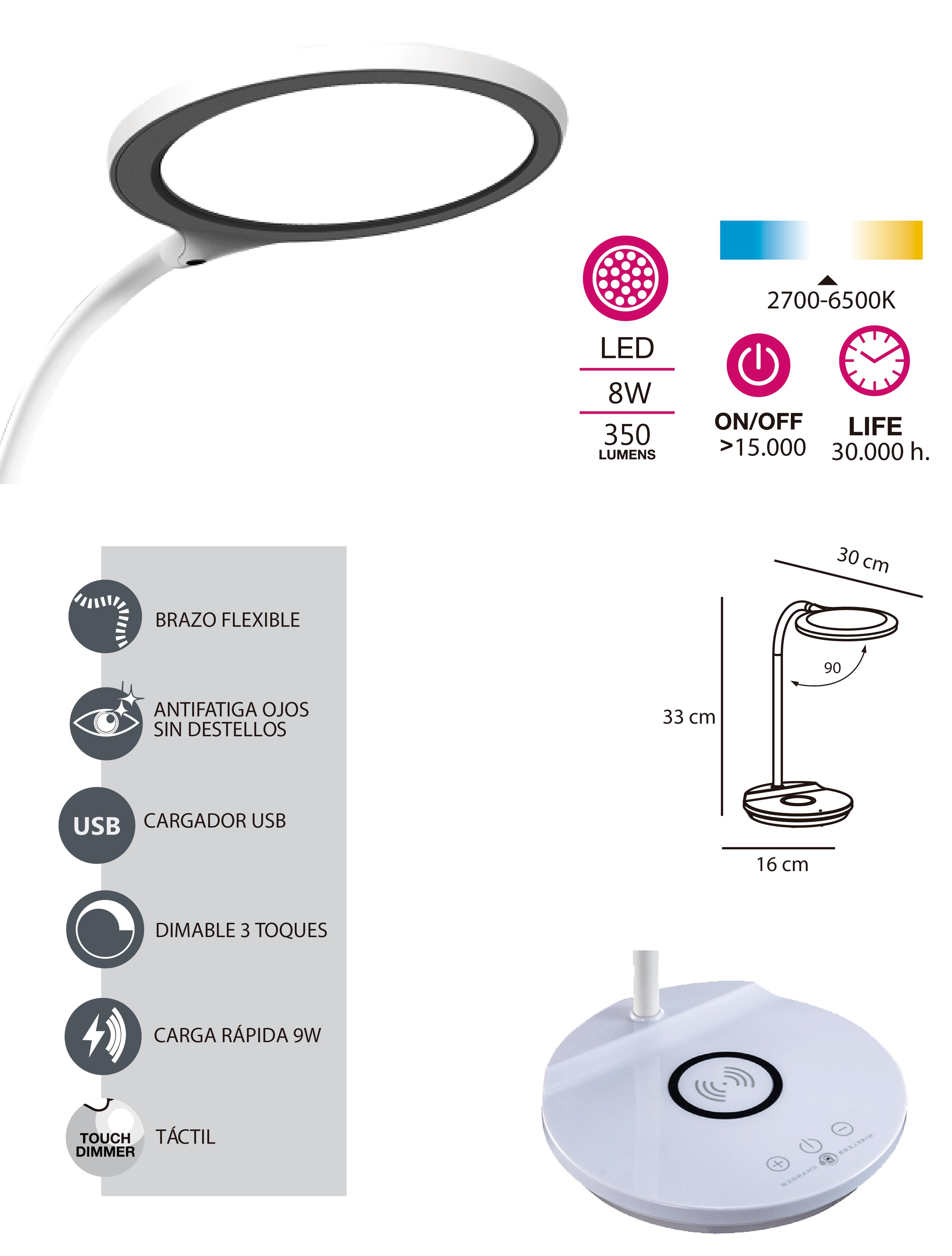 Flexo led Holmes CCT USB táctil blanco | Leroy Merlin