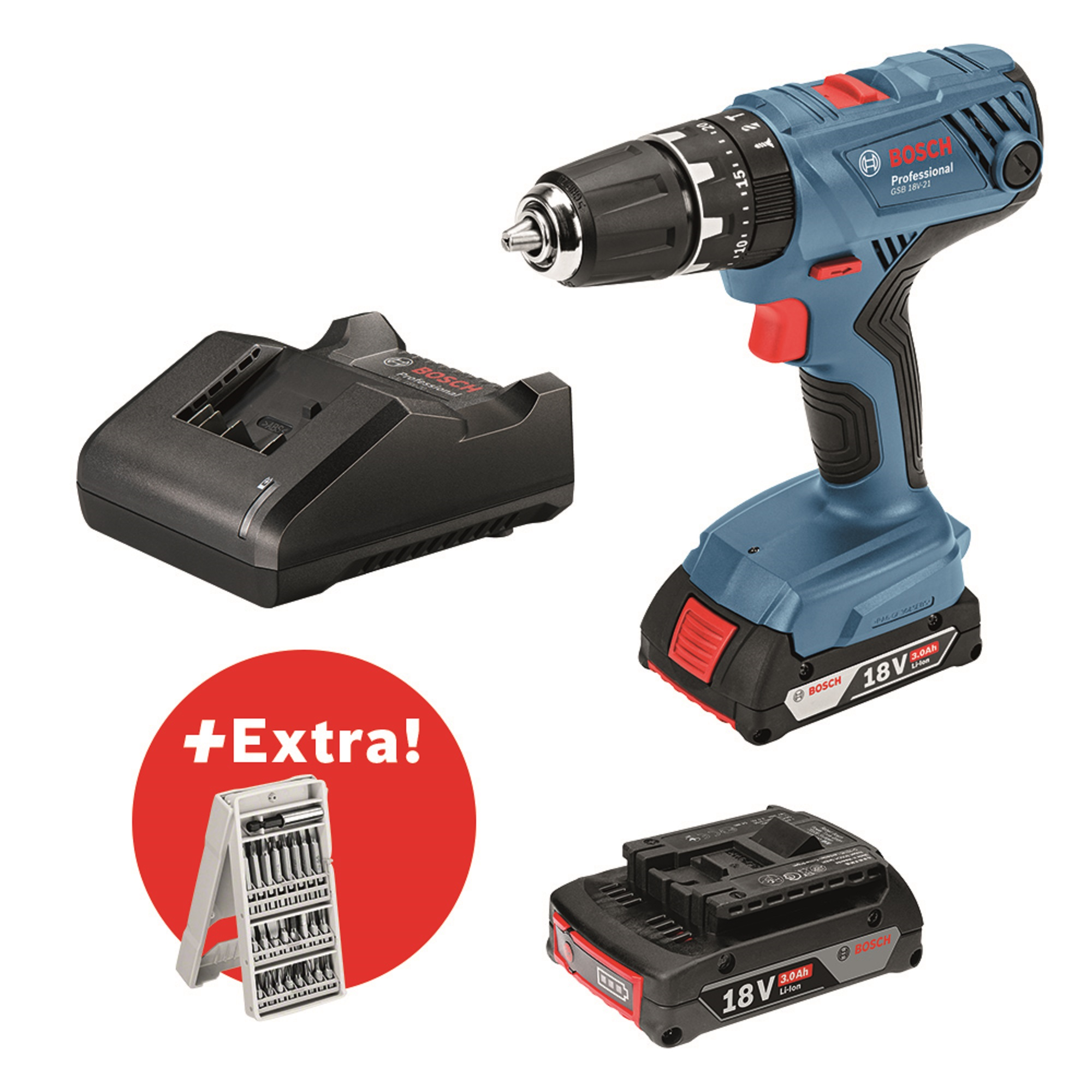 Taladro percutor Bosch Professional GSB 18V-21, 18V y 2 baterías 3Ah ...
